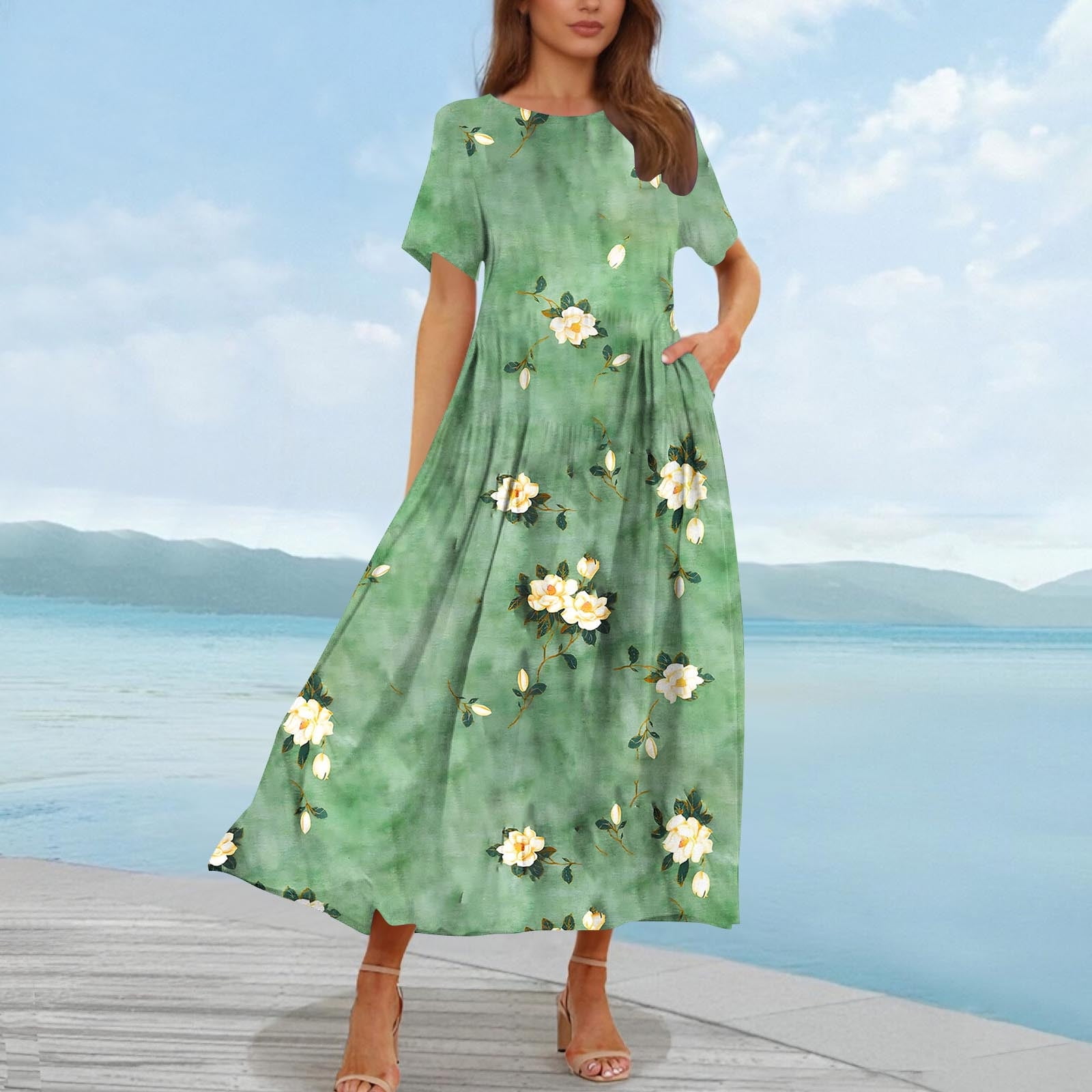 BiZtdJrK Women Loose Floral Dress Short Sleeve Boho Summer Maxi Dress ...