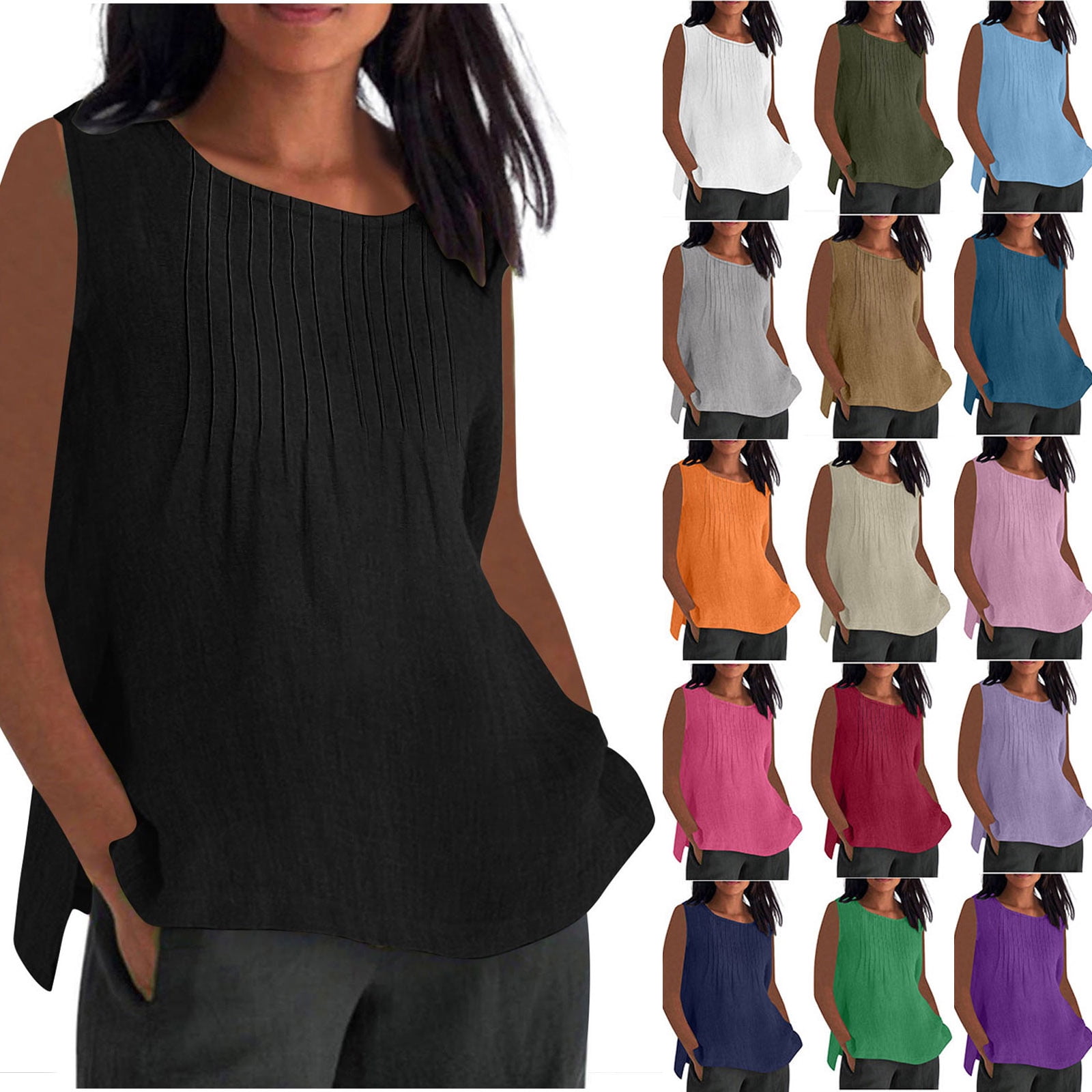 BiZtdJrK Women Oversized Tank Tops Solid Casual Sleeveless Pleated T ...