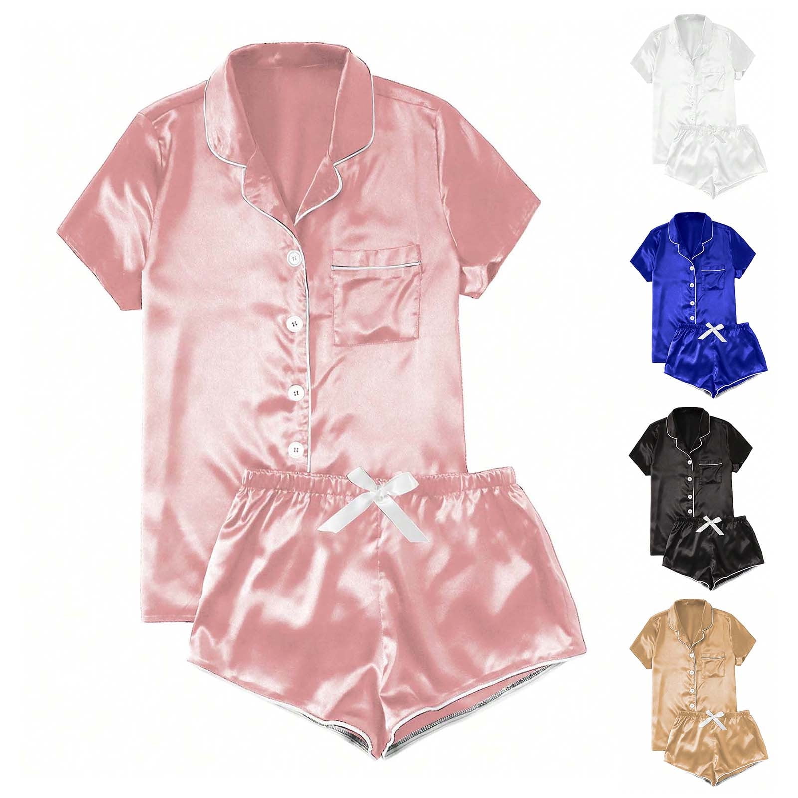 BiZtdJrK Women Satin Pajama 2 Piece Sets Notch Collar Button Down Short ...