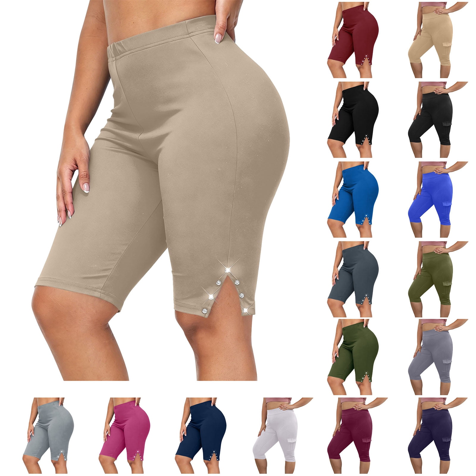 BiZtdJrK Women Sport Short Leggings Rhinestone Side Split High Waist ...