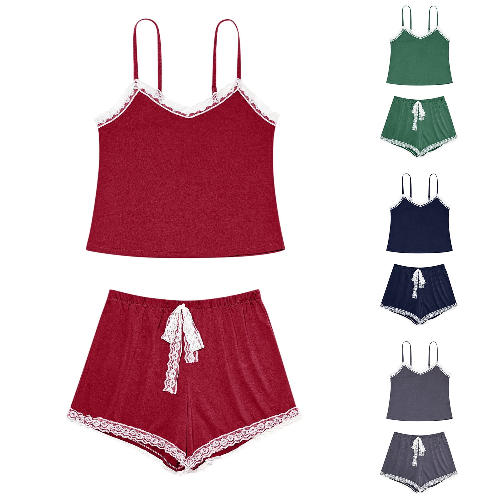 BiZtdJrK Women Summer 2 Piece Pajama Set Lace Trim Cami Tops and Bow ...