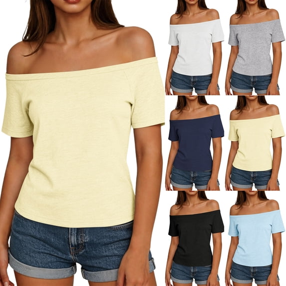 BiZtdJrK Yellow Women Trendy Summer T Shirts Off the Shoulder Short ...