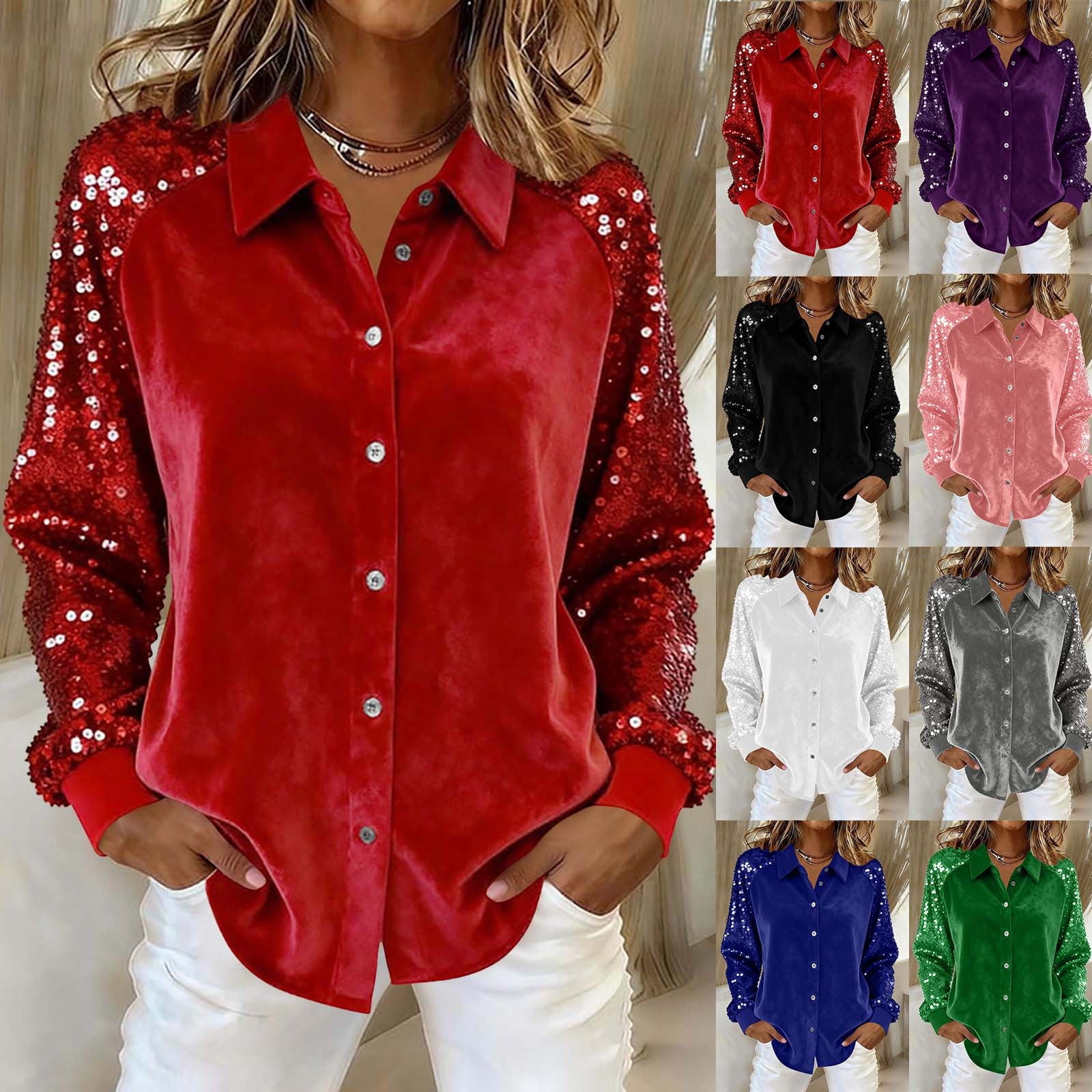 BiZtdJrK Women Velvet Splicing Sequin Shirt Casual Lapel Button Down ...