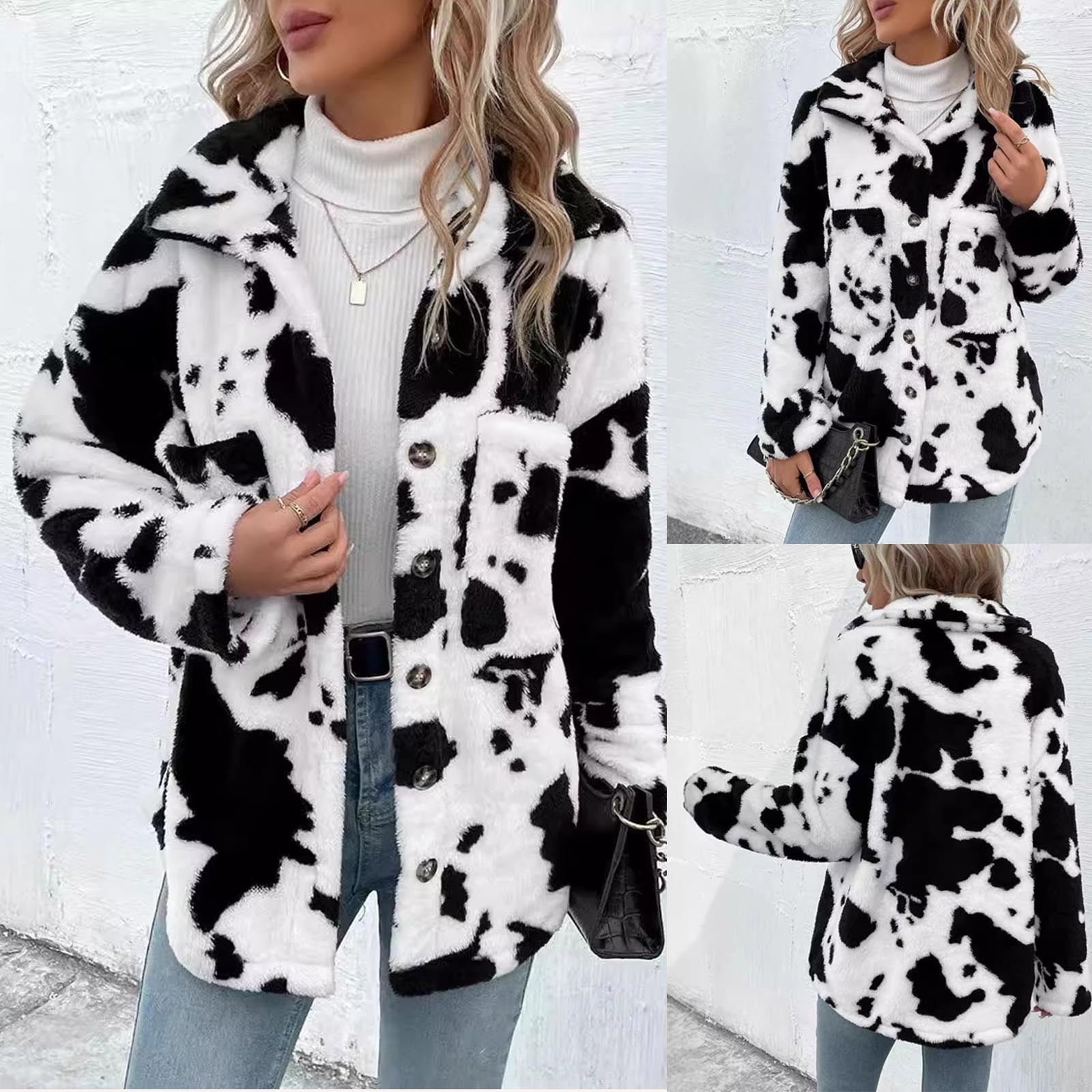 BiZtdJrK Women's Casual Faux Fur Jacket Trendy Cow Print Fluffy Fleece Coats Casual Button Open ...