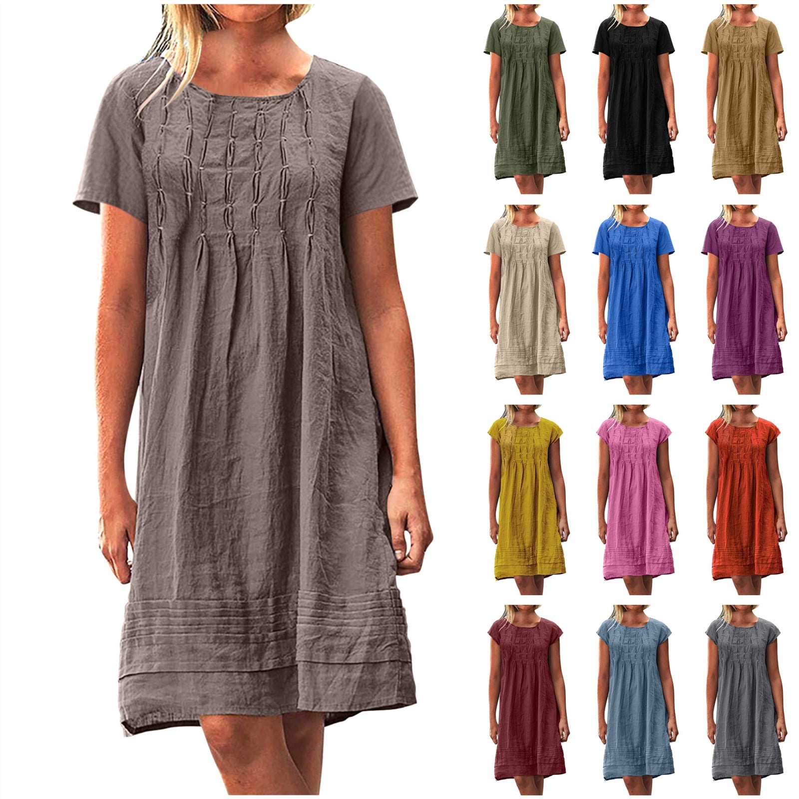 BiZtdJrK Women's Cotton Linen Midi Dress Casual Pleated Short Sleeve ...