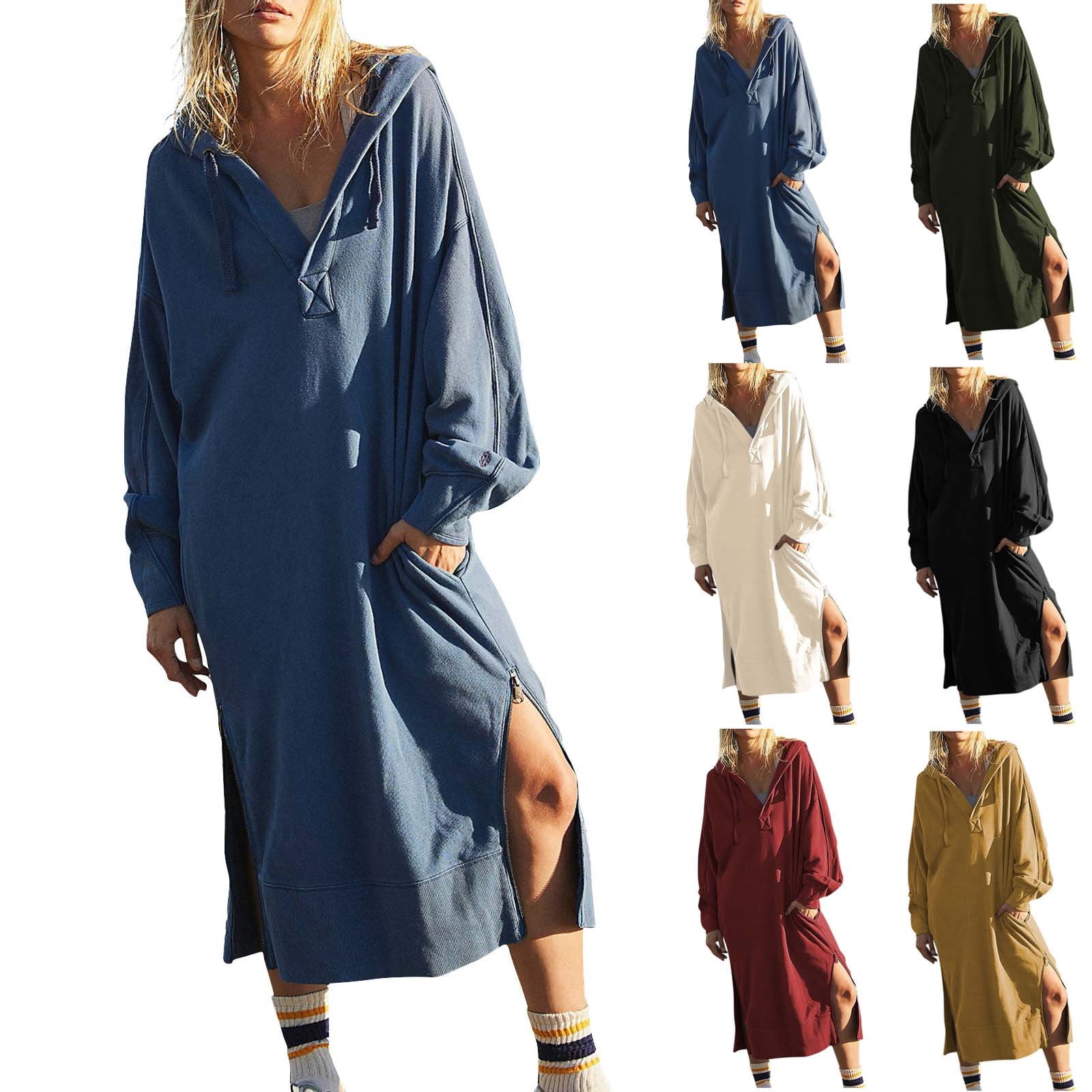 BiZtdJrK Women's Hooded Sweatshirt Dresses Deep V Neck Drop Shoulder ...