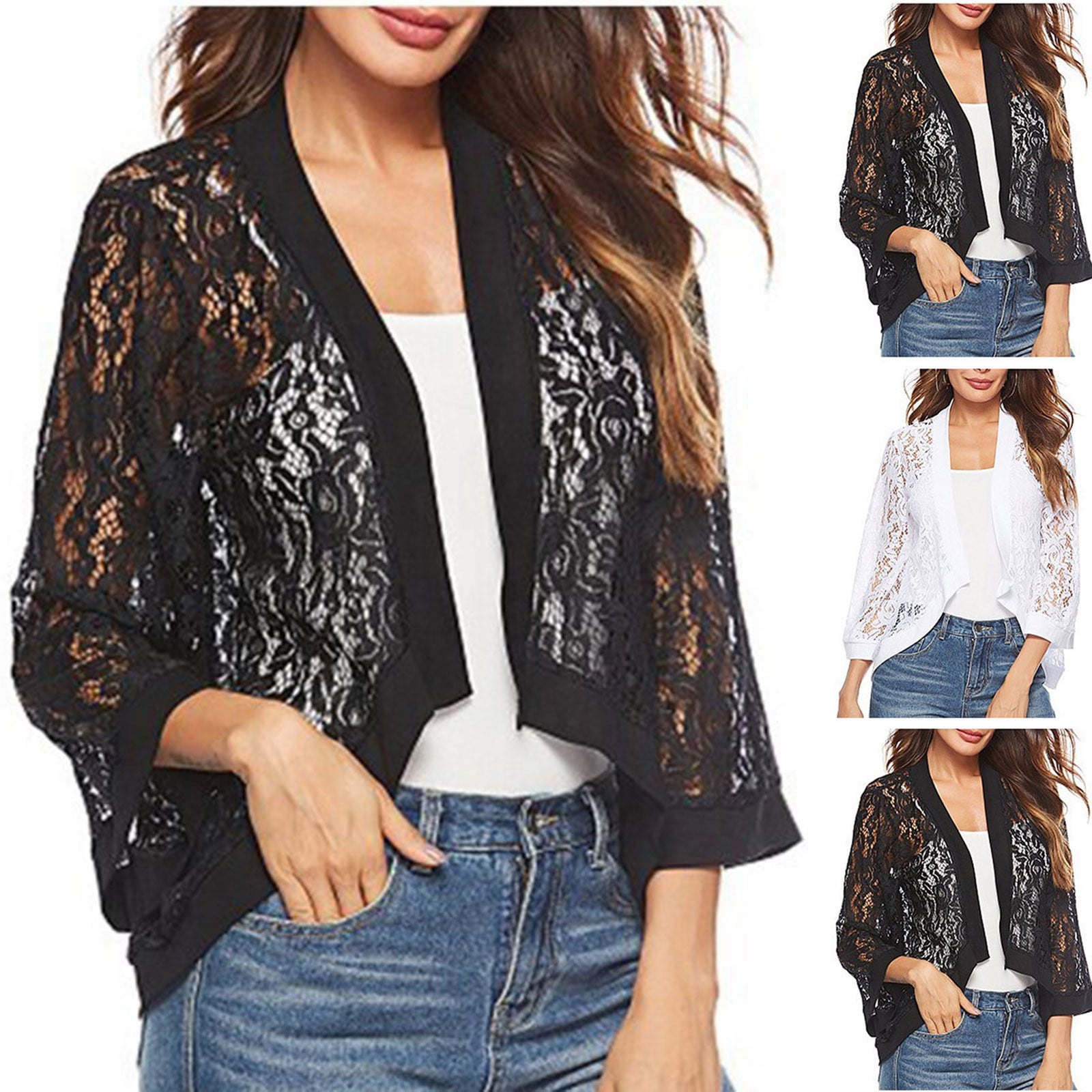 BiZtdJrK Women's Lace Cardigan 3/4 Sleeve Open Front Cardigans ...
