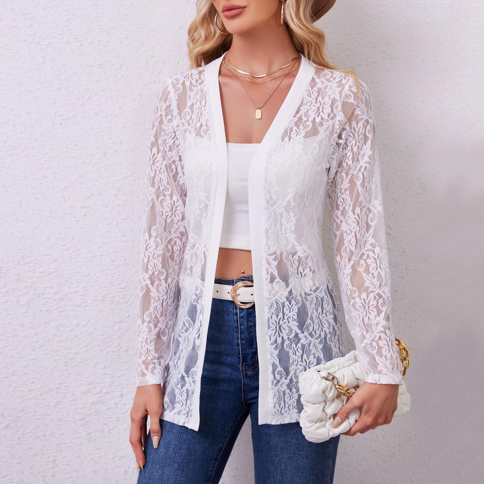 BiZtdJrK Women's Lace Floral Open Front Cardigans Lightweight Lace Mesh ...