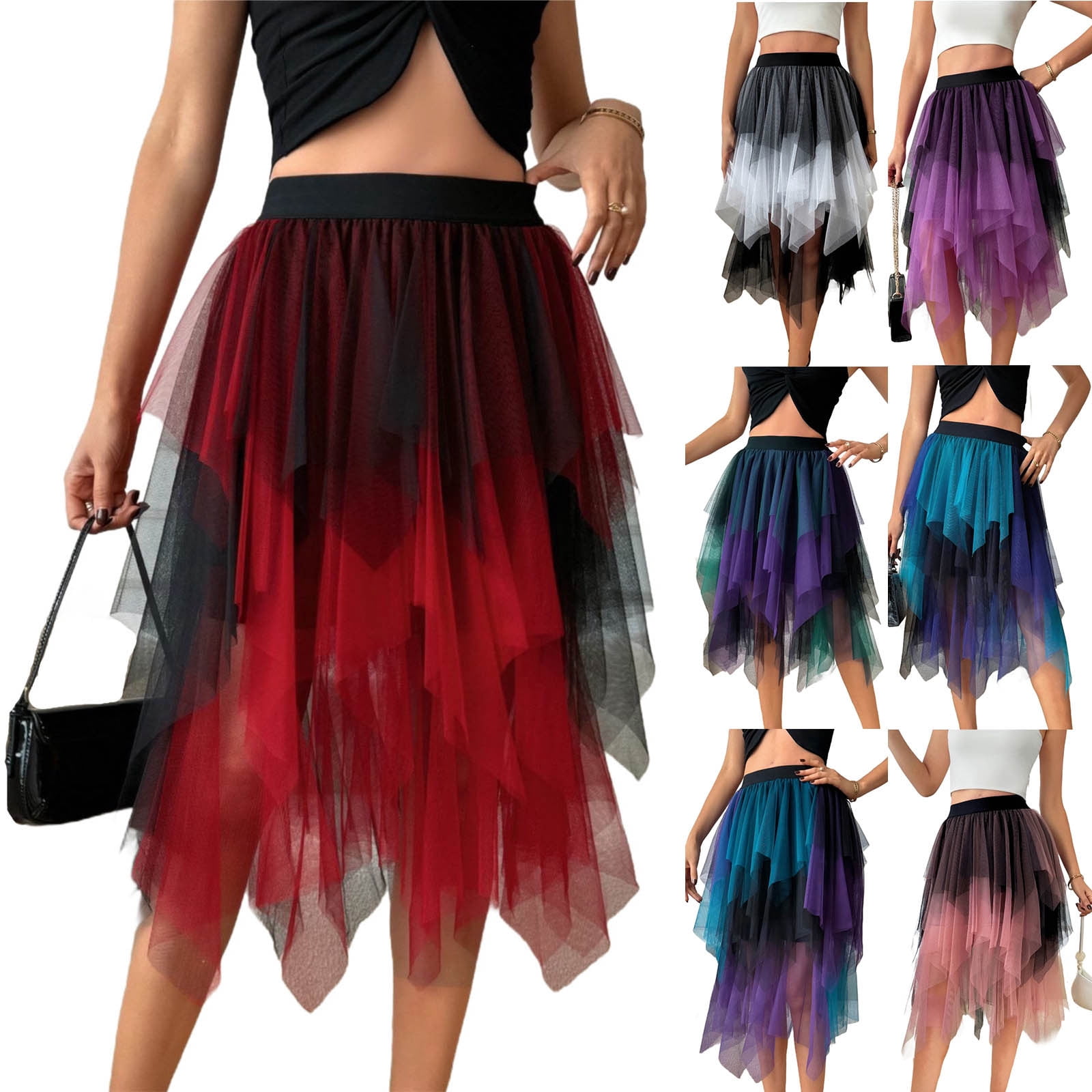 BiZtdJrK Women's Layered Midi Skirt Asymmetrical Hem High Low Mesh Tutu ...