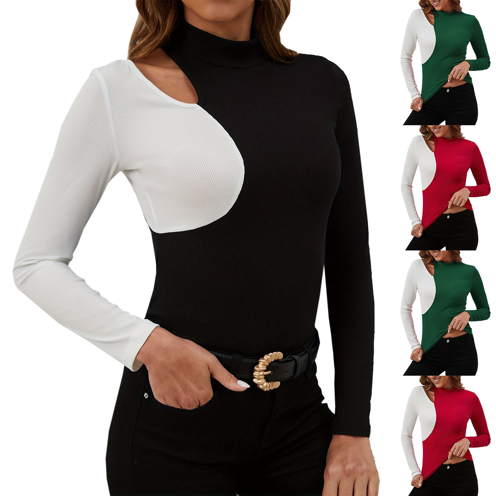 BiZtdJrK Women's Long Sleeve Ribbed Shirts Color Block Cut Out Mock ...