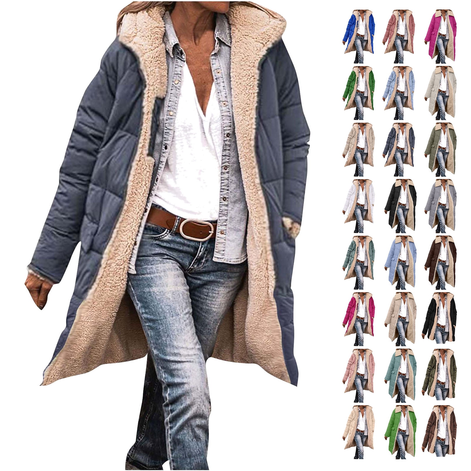 BiZtdJrK Women's Oversized Long Coat Plush Lining Reversible Zipper Puffer Jackets Long Sleeve ...