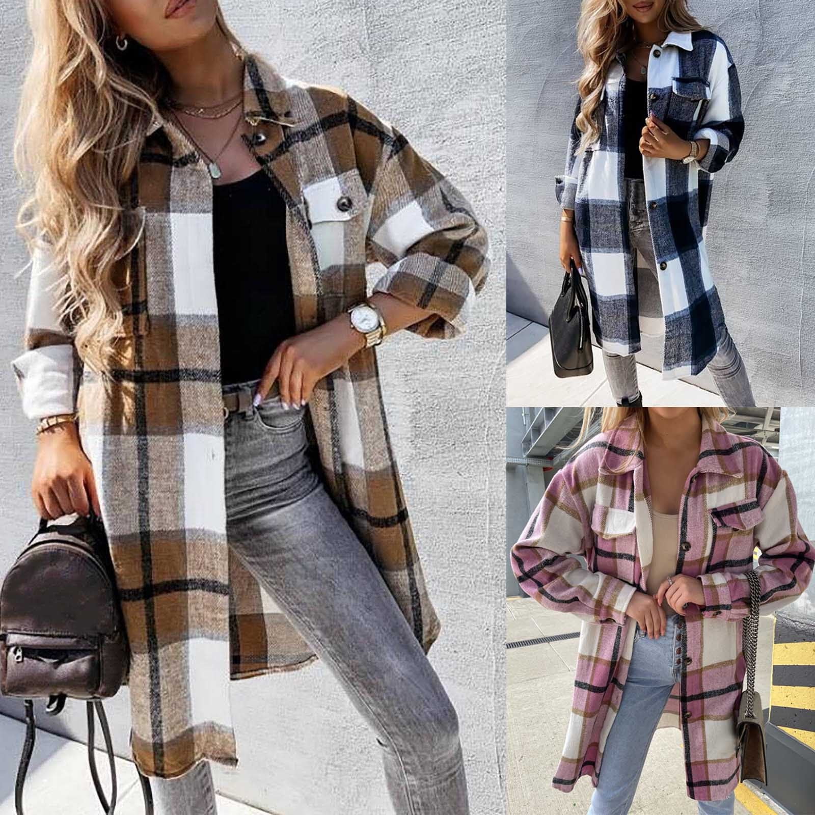 BiZtdJrK Women's Plaid Shacket 2025 Long Sleeve Button Up Flannel Shirt ...