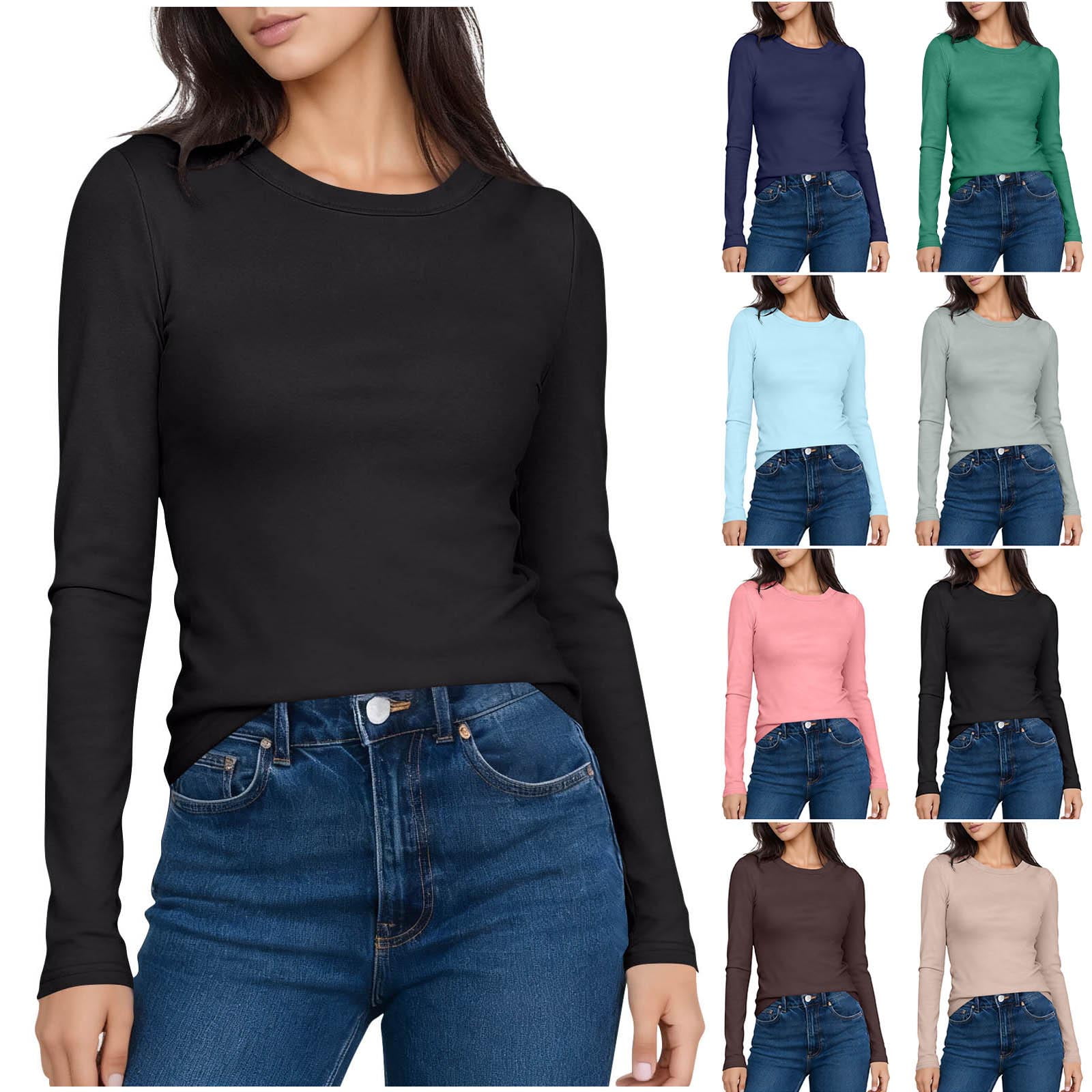 BiZtdJrK Women's Solid Basic T Shirts Round Neck Long Sleeve Casual ...
