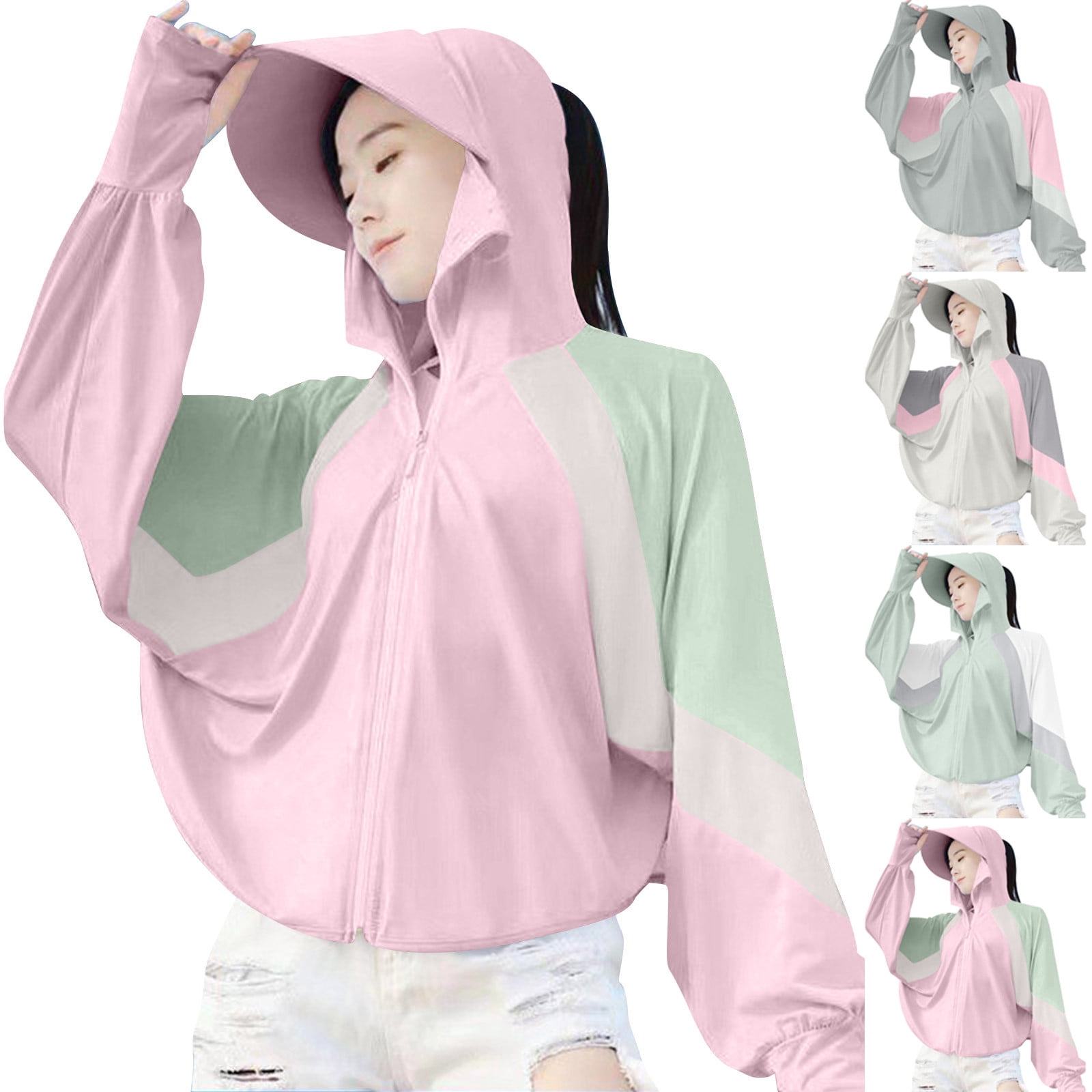 BiZtdJrK Women's Sun Protection Jacket Color Block Long Sleeve Cropped ...