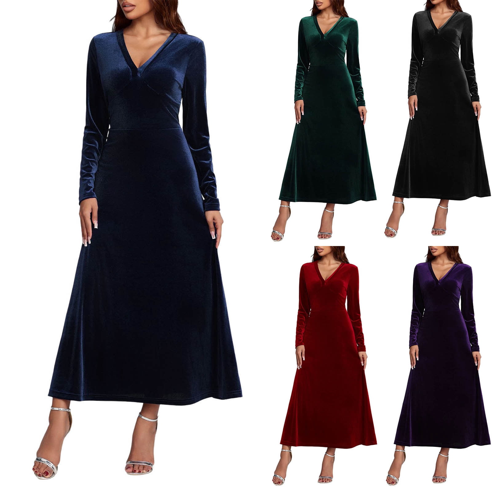 BiZtdJrK Women's Velvet Maxi Dress Long Sleeve A-Line Elegant V-Neck ...