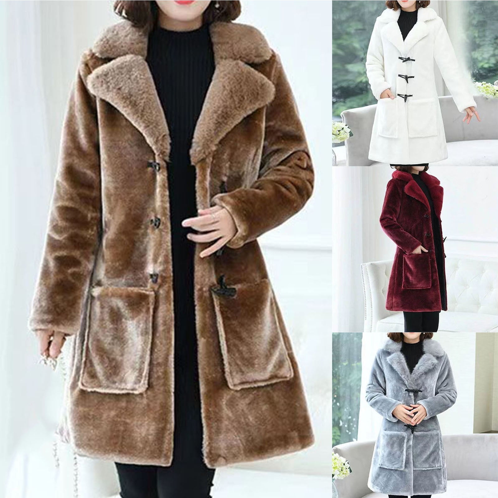 BiZtdJrK Womens 2025 Winter Faux Fur Coat Fashion Horn Button Thicken Jacket Warm Fuzzy Fleece ...