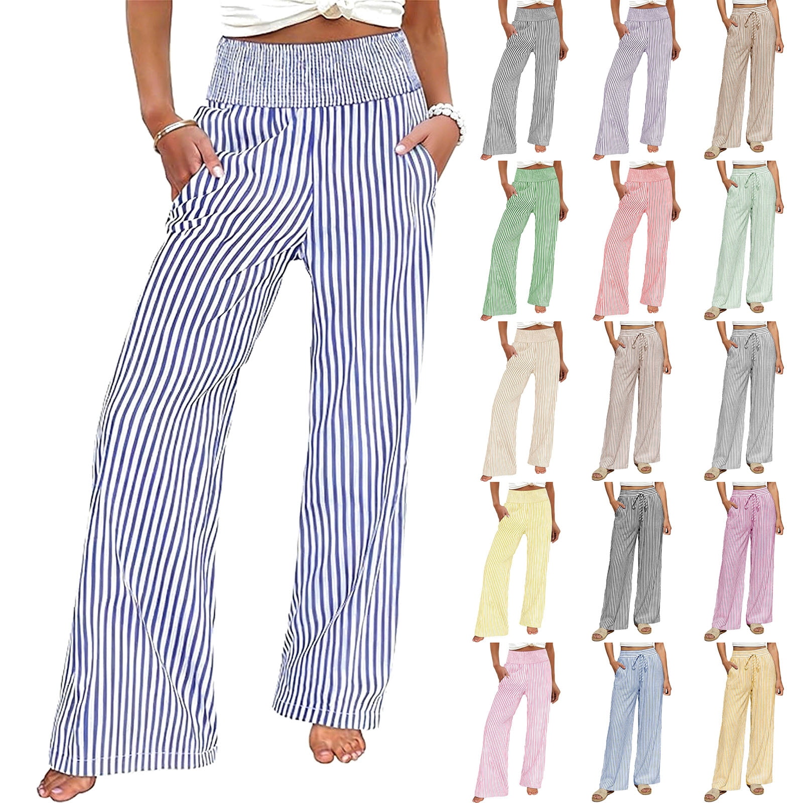 BiZtdJrK Womens Beach Summer Pants Smocked Waist Striped Casual Palazzo ...