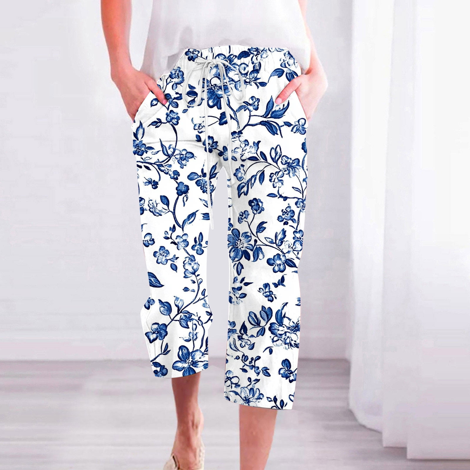 BiZtdJrK Womens Boho Summer Capri Pants Lightweight Breathable Linen ...