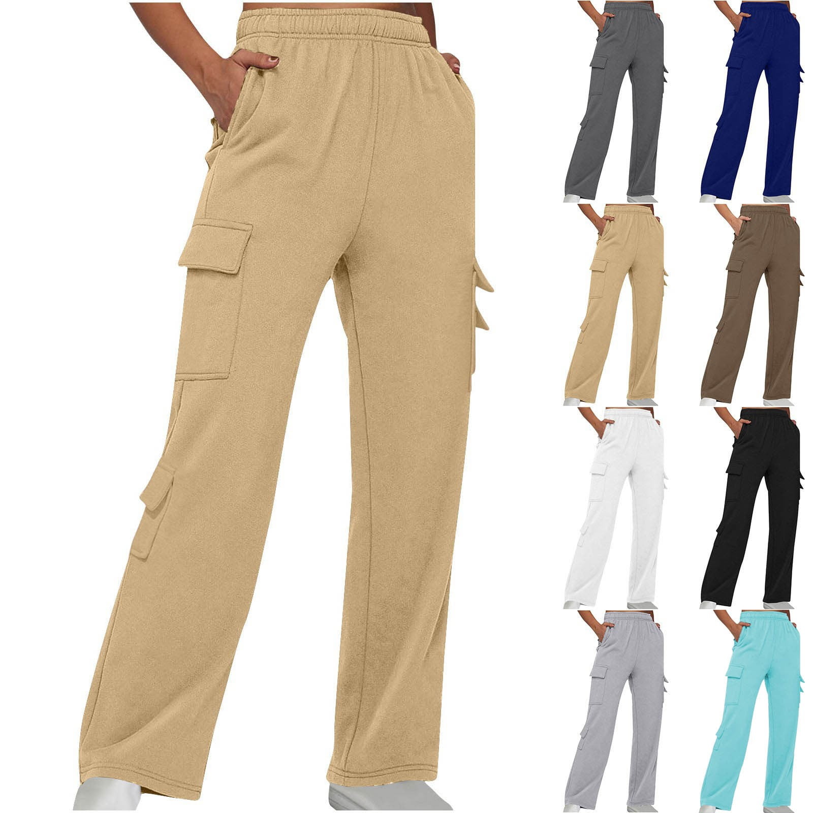 BiZtdJrK Womens Cargo Sweat Pant Elastic High Waist Straight Leg Pants ...