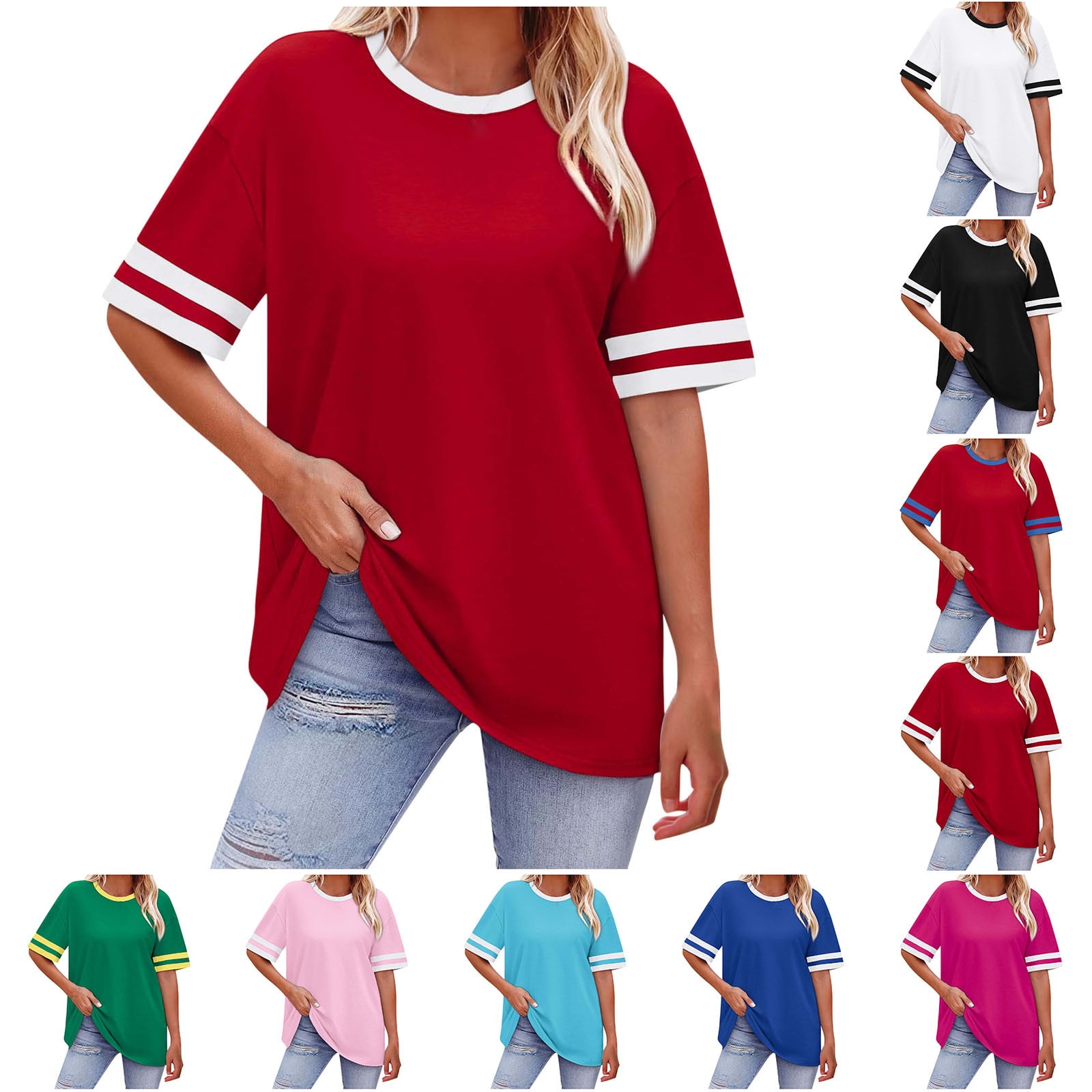 BiZtdJrK Womens Color Block Short Sleeve Tshirts Oversized Crew Neck ...