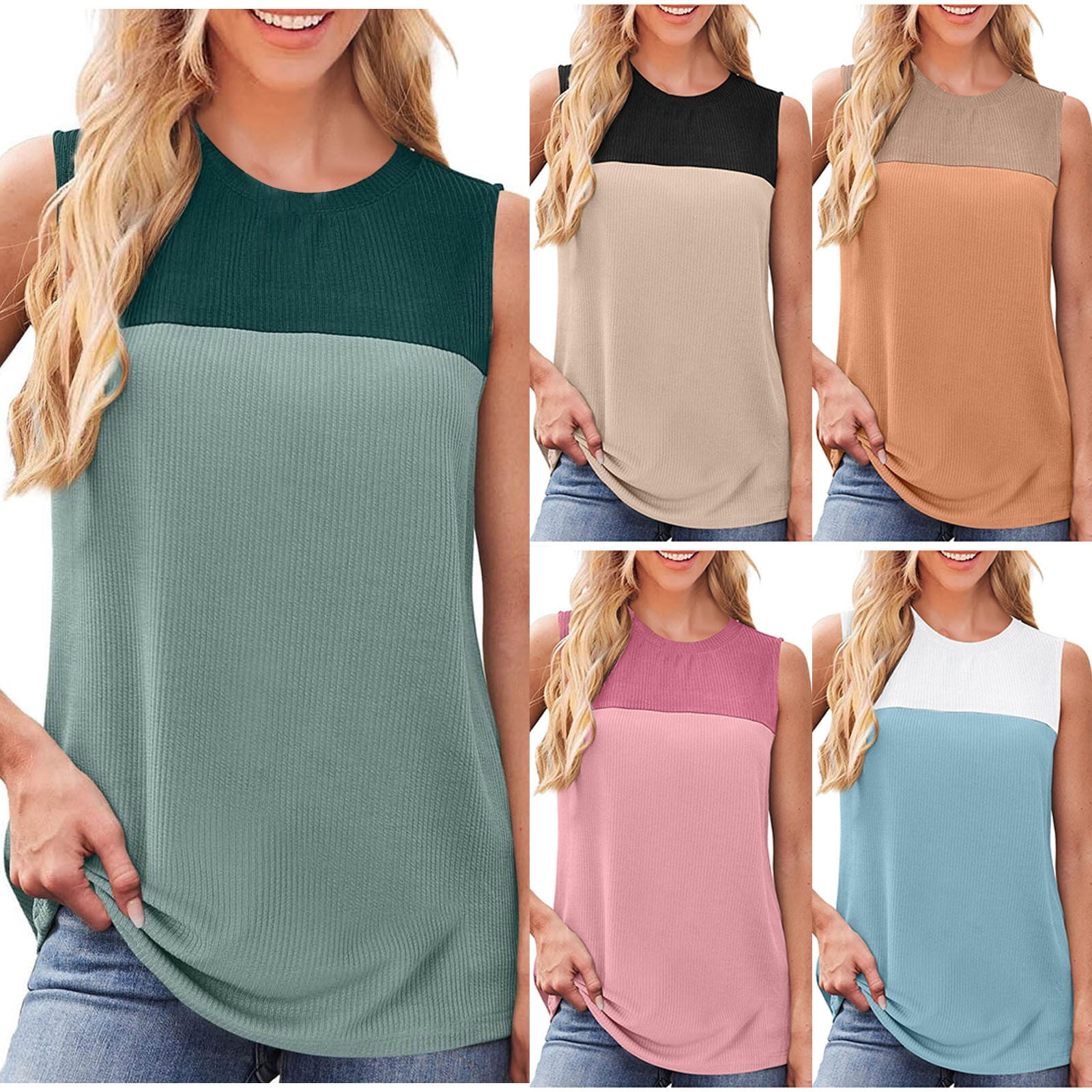 BiZtdJrK Womens Color Block Tank Tops Trendy Summer Crew Neck ...