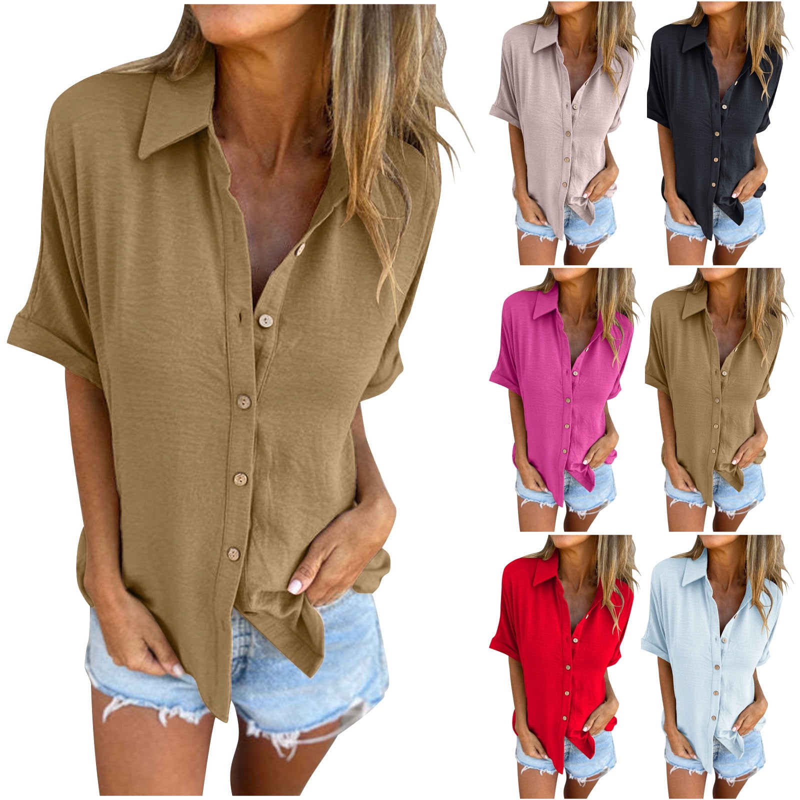 BiZtdJrK Womens Cotton Linen Button Down Shirts V Neck Roll Up Short ...