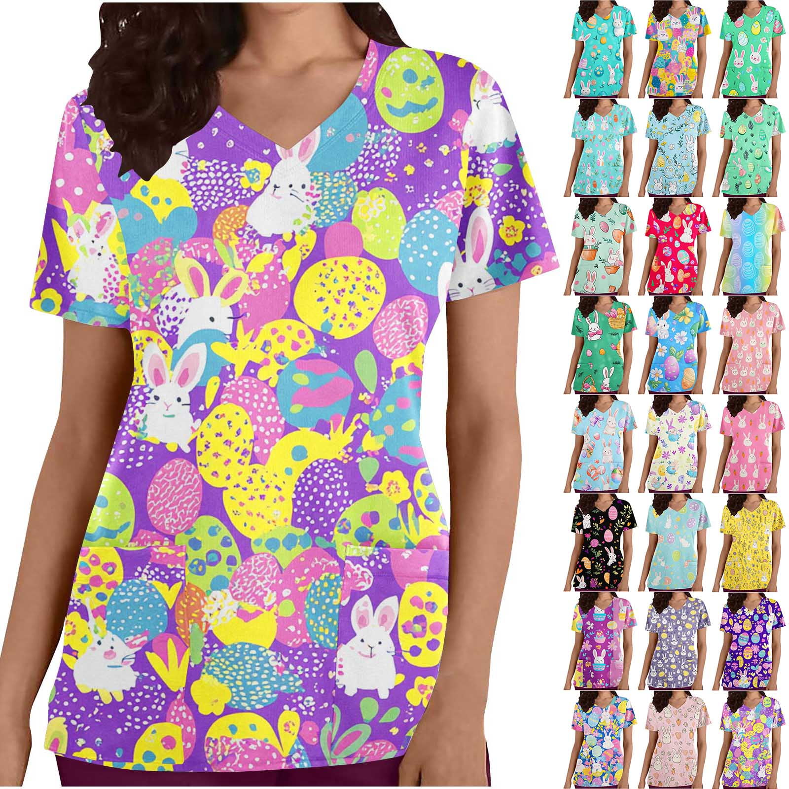 BiZtdJrK Womens Easter Scrub Tops V Neck Short Sleeve Nurse Workwear ...