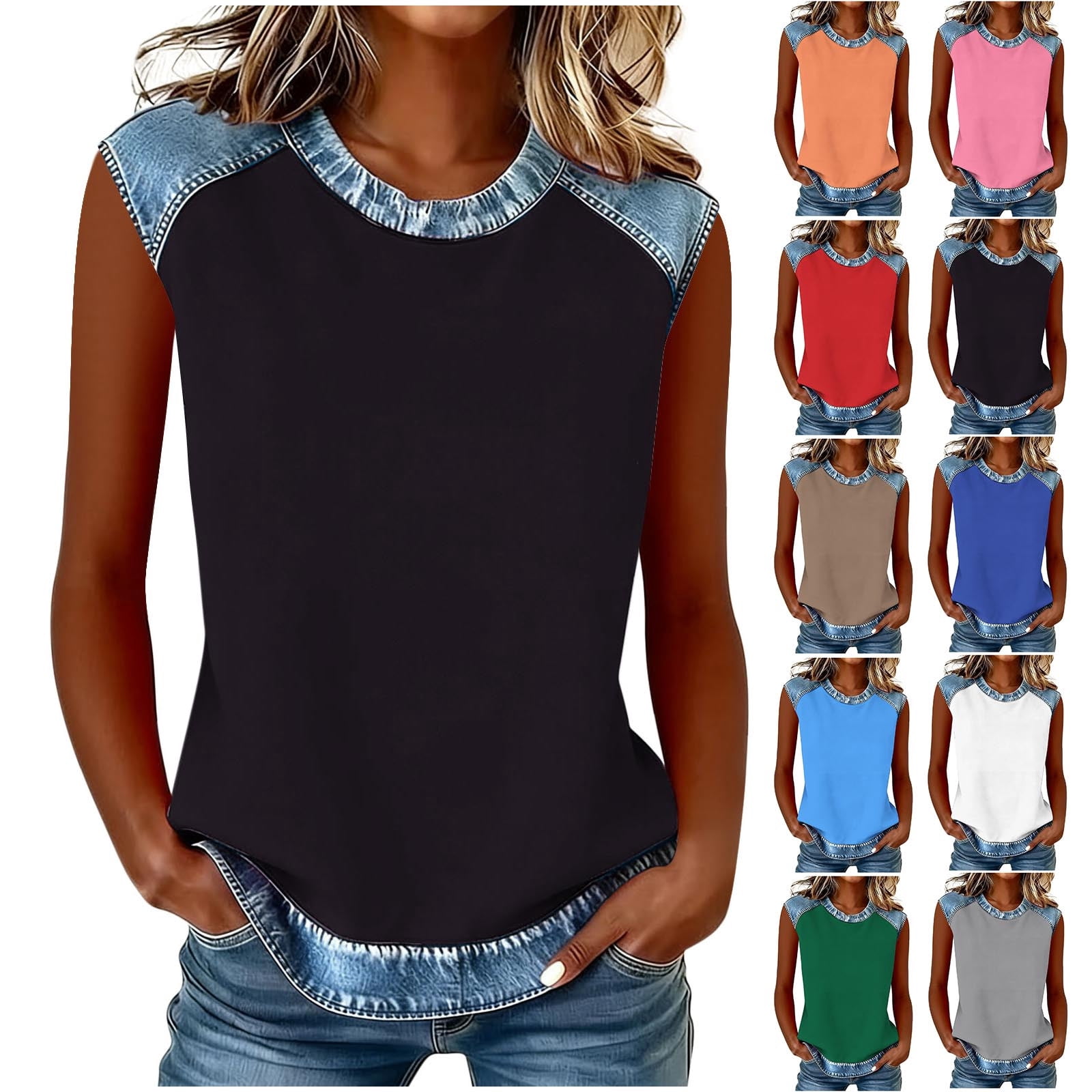 BiZtdJrK Womens Fashion Summer Tank Tops Denim Patchwork Crew Neck ...