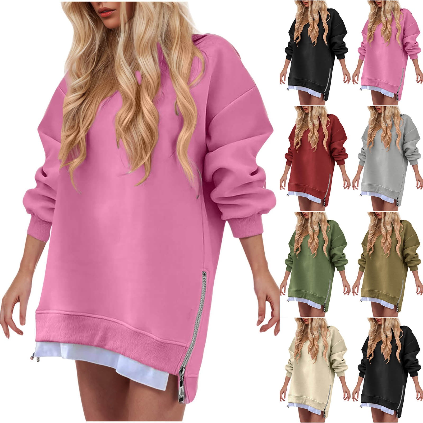 BiZtdJrK Womens Fashion Sweatshirt Zipper Side Slit Long Sleeve ...