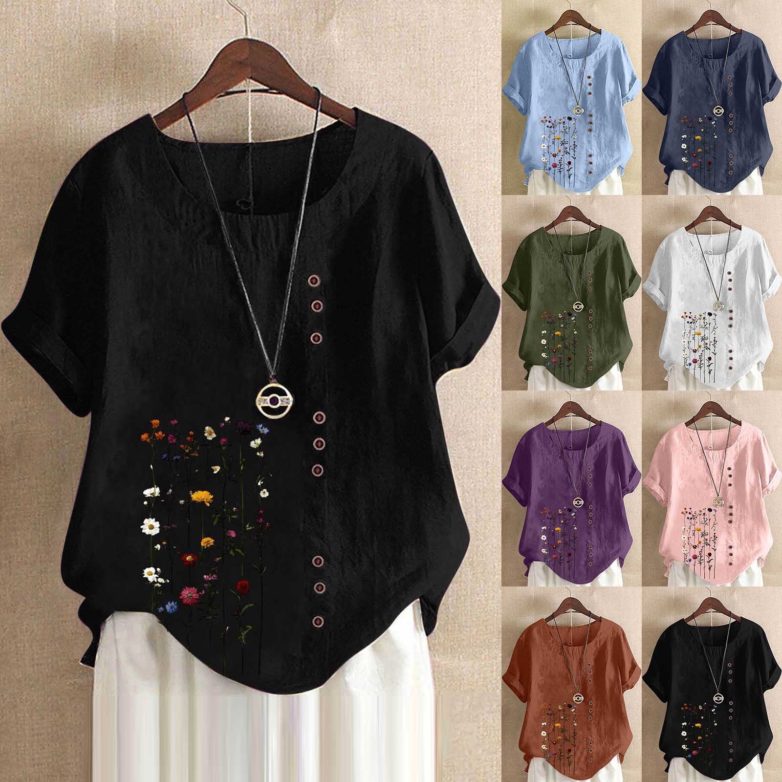 BiZtdJrK Womens Floral Graphic Tops Side Button Short Sleeve Crew Neck ...