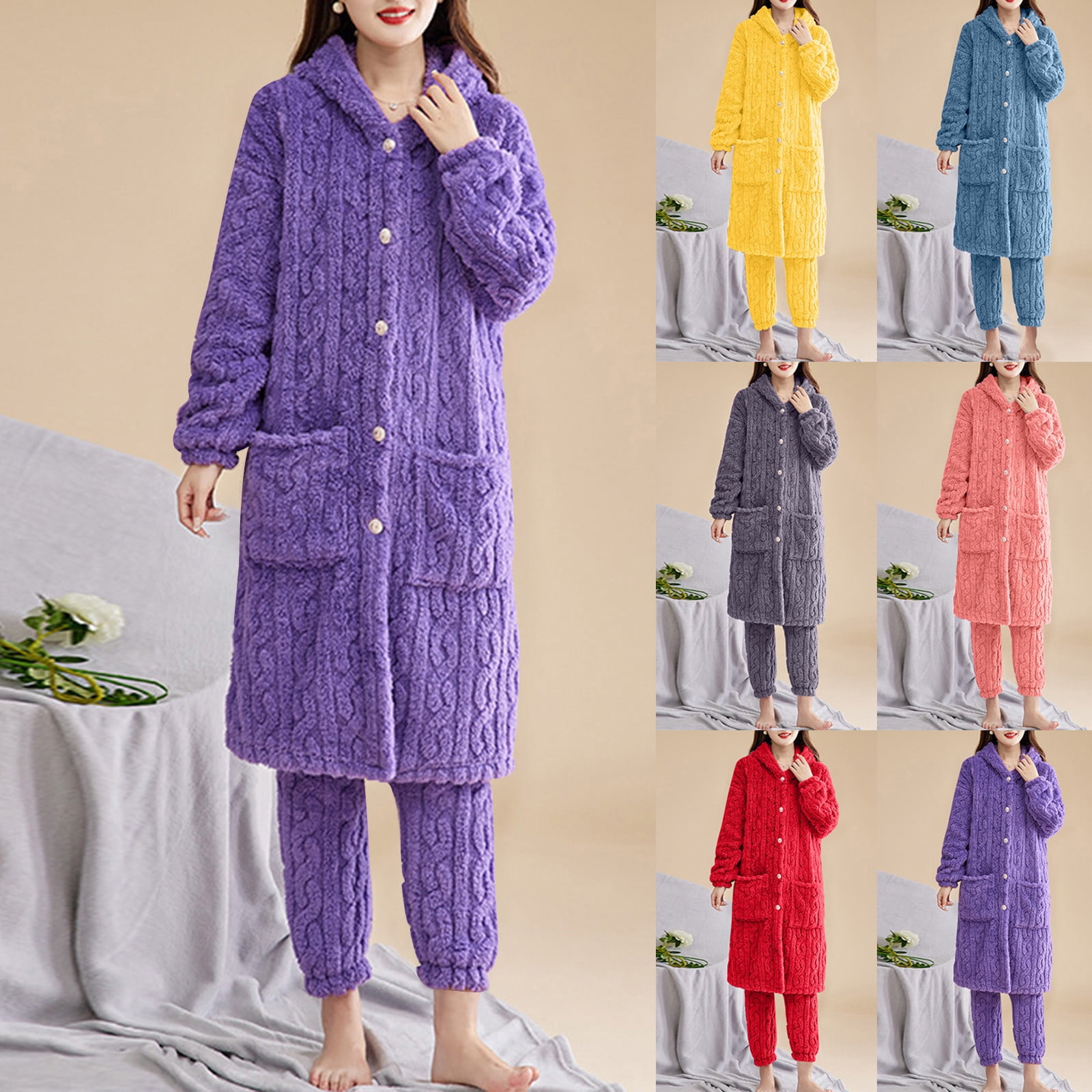 BiZtdJrK Womens Fluffy Pajamas Set Warm Plush Long Button Hooded ...