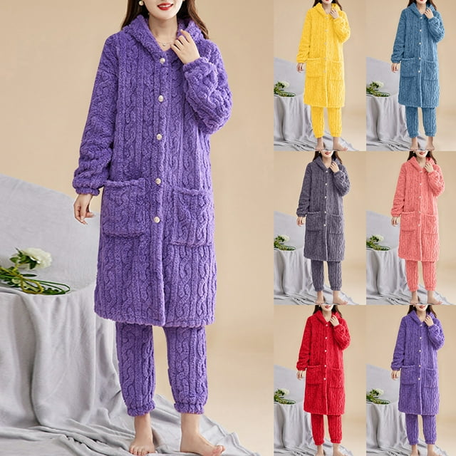 BiZtdJrK Womens Fluffy Pajamas Set Warm Plush Long Button Hooded ...