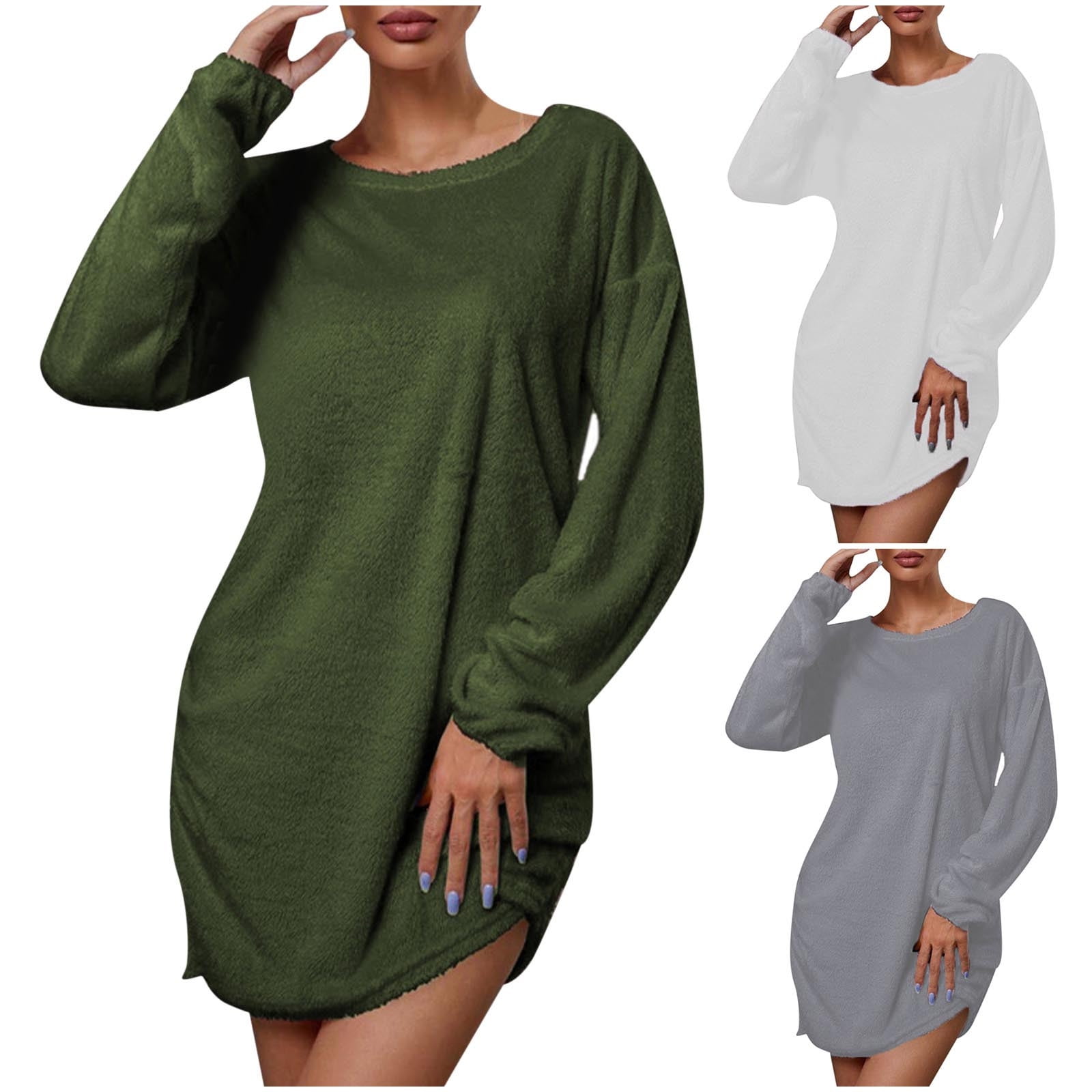 BiZtdJrK Womens Fuzzy Fleece Pullover Drop Shoulder Crew Neck Long ...