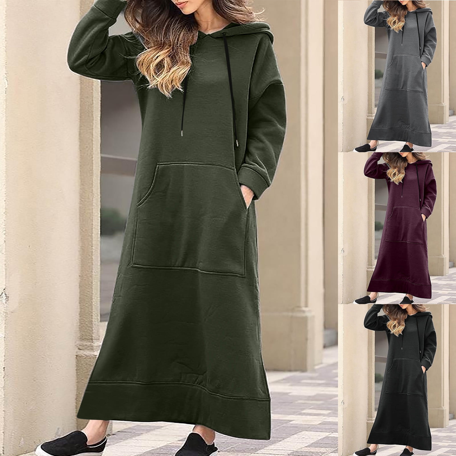 BiZtdJrK Womens Hooded Maxi Dresses Drawstring Long Sleeve Hoodie ...