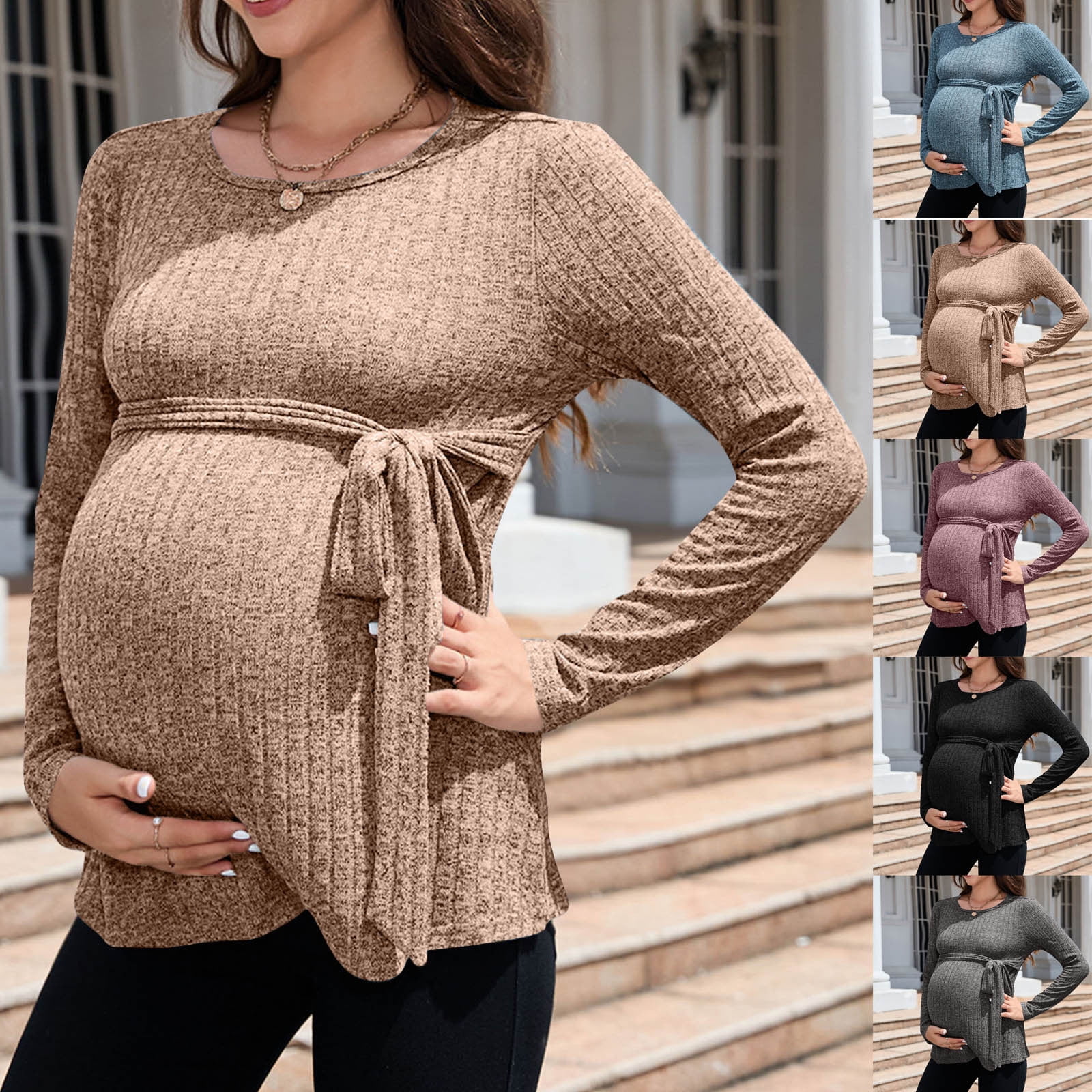 BiZtdJrK Womens Long Sleeve Maternity Shirts Tie Side Cable Knit Casual ...