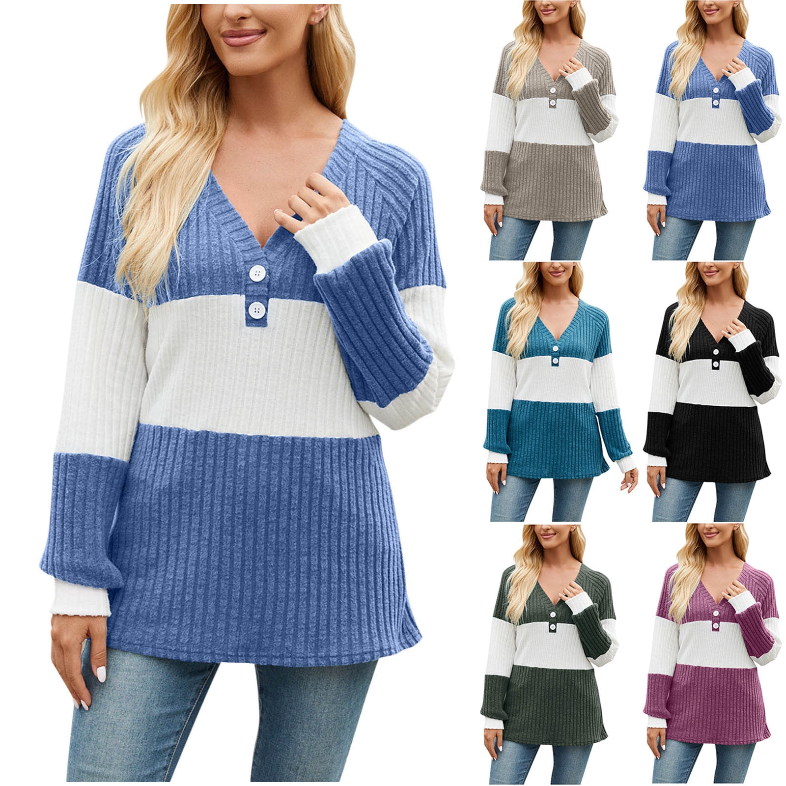 BiZtdJrK Womens Long Sleeve Shirts Striped Ribbed Knit Tunic Tops ...
