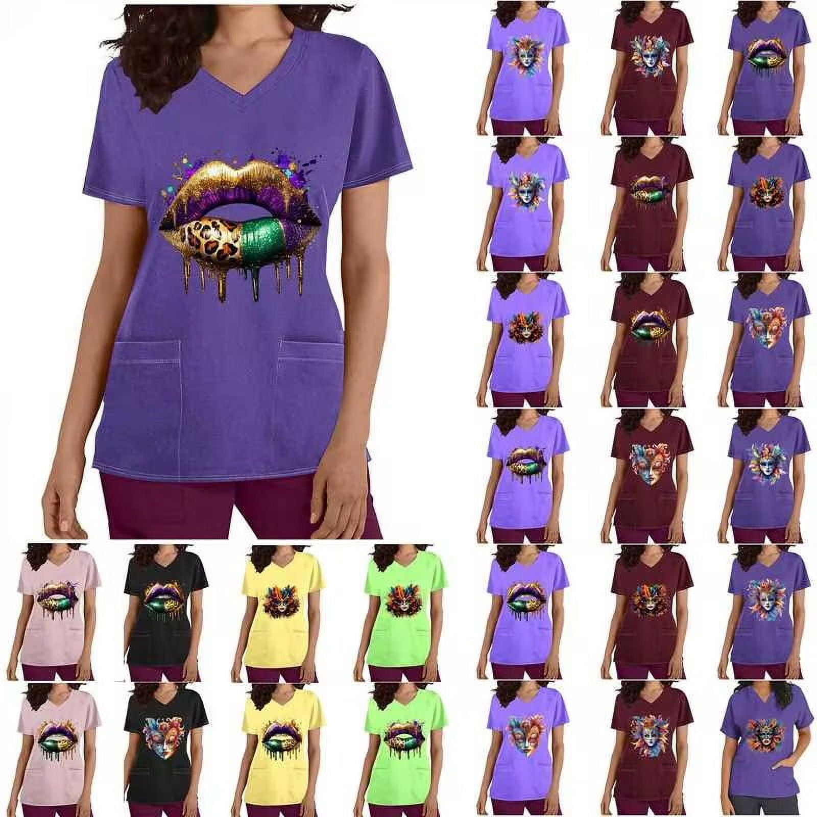 BiZtdJrK Womens Mardi Gras Scrubs 2025 Spring Scrub Tops Carnival Funny ...