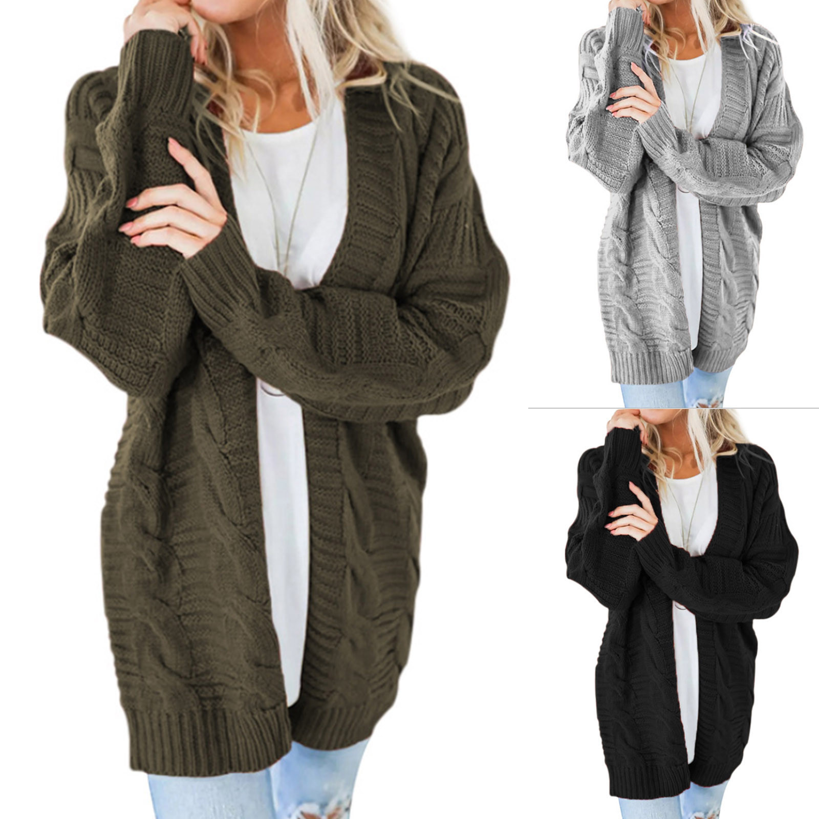 BiZtdJrK Womens Open Front Sweaters Cable Knit Long Sleeve Cardigan ...