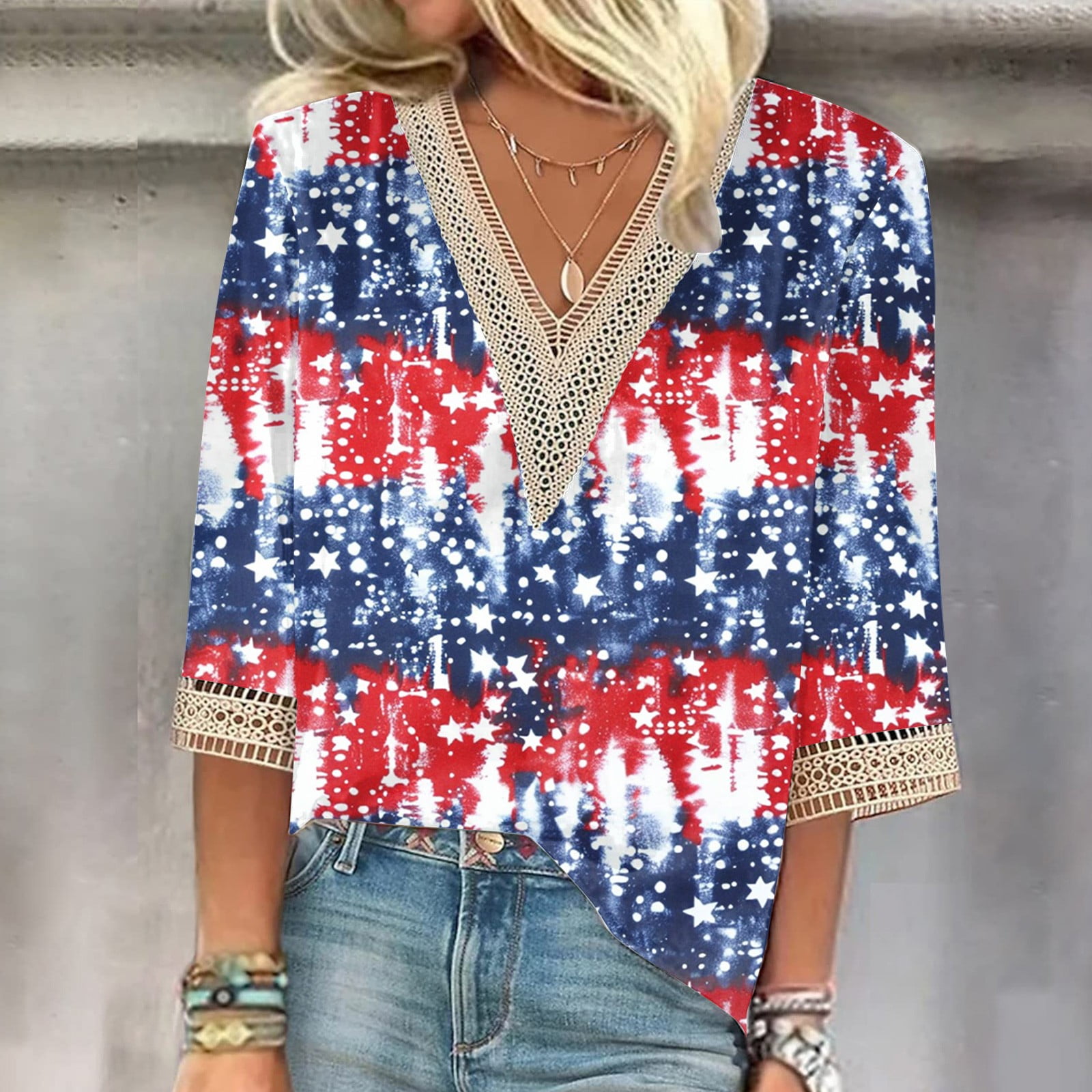 BiZtdJrK Womens Plus Size Summer Beach Tees Lace V Neck Color Block ...