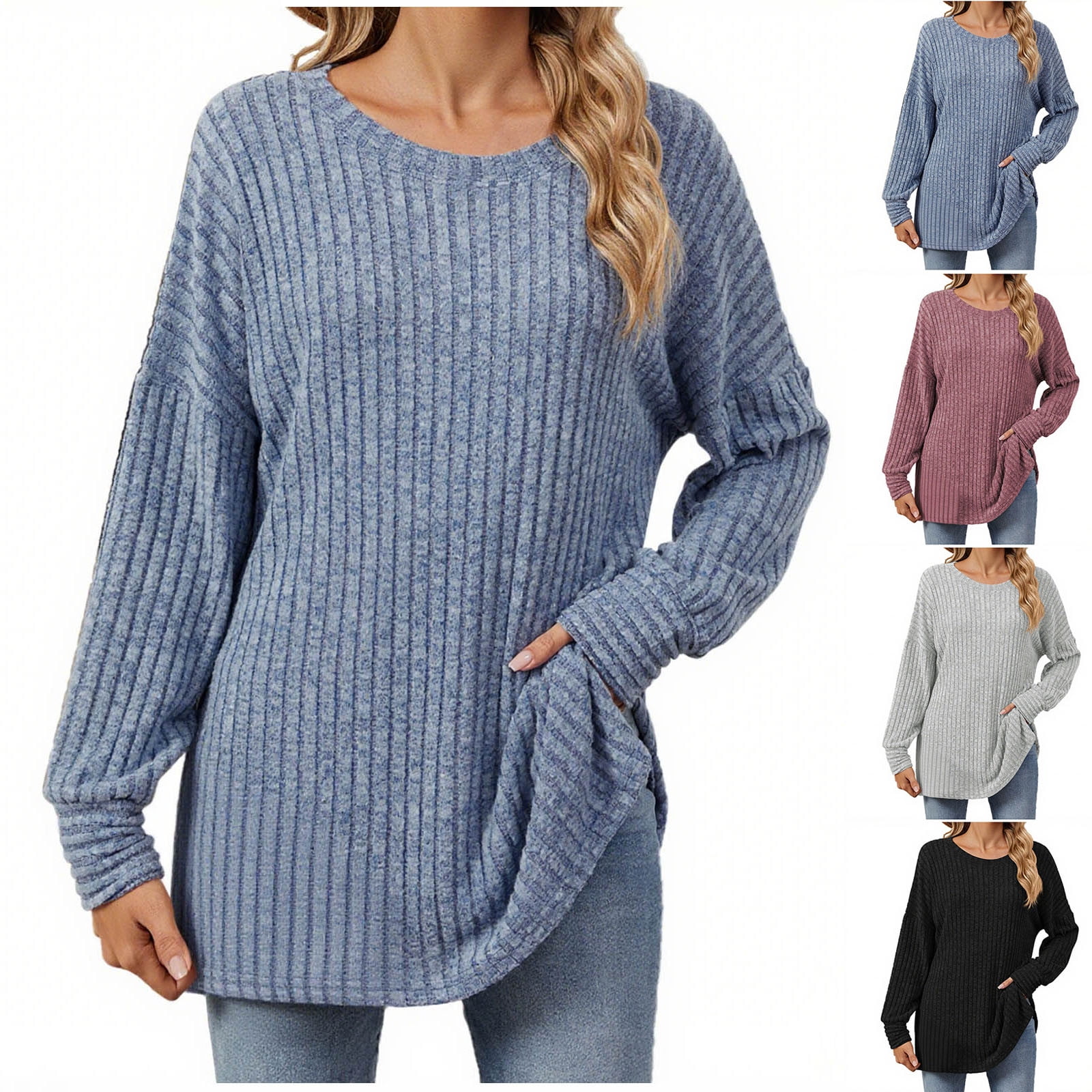 BiZtdJrK Womens Ribbed Knit Casual Shirts Cuff Long Sleeve Round Neck ...