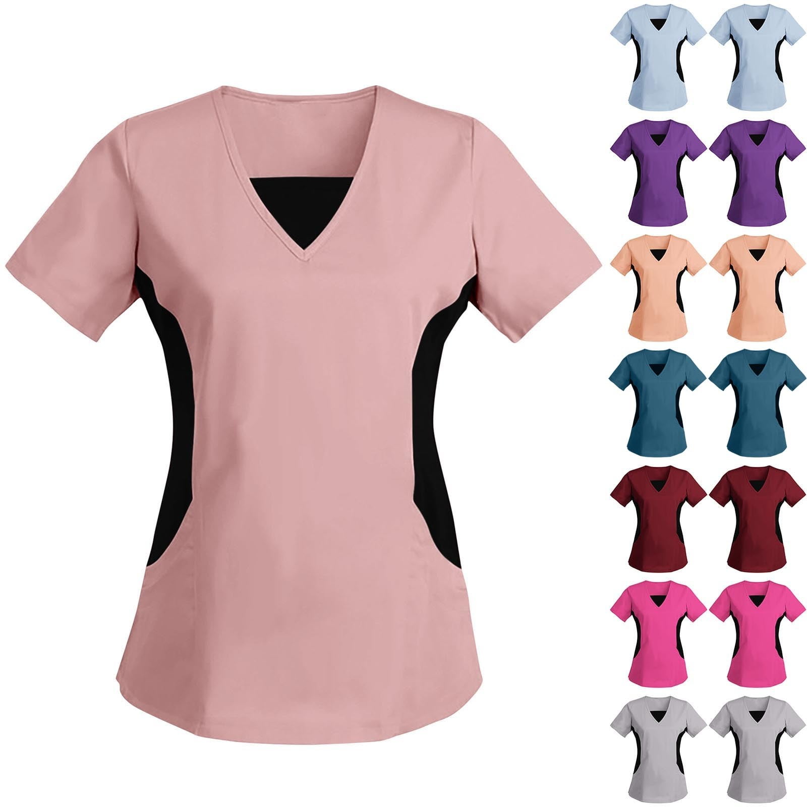 BiZtdJrK Womens Short Sleeve Scrub Tops Color Block V Neck Nurse ...