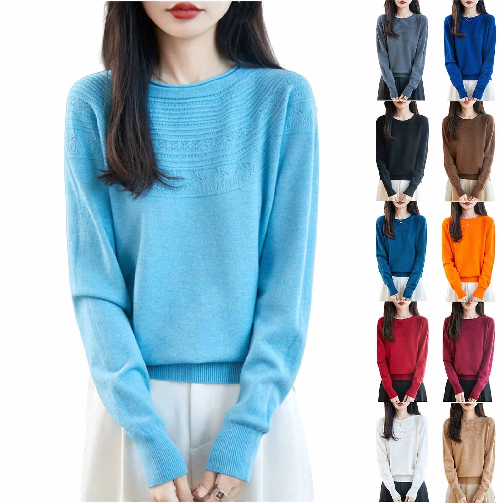 BiZtdJrK Womens Solid Basic Sweaters Round Neck Long Sleeve Knit Tops ...
