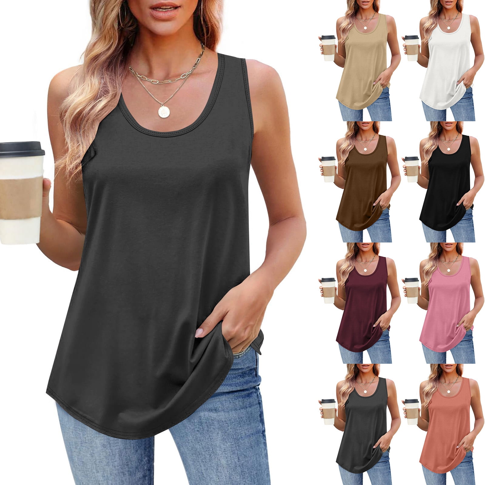 BiZtdJrK Womens Solid Basic Tanks Sleeveless Crew Neck Curved Hem ...