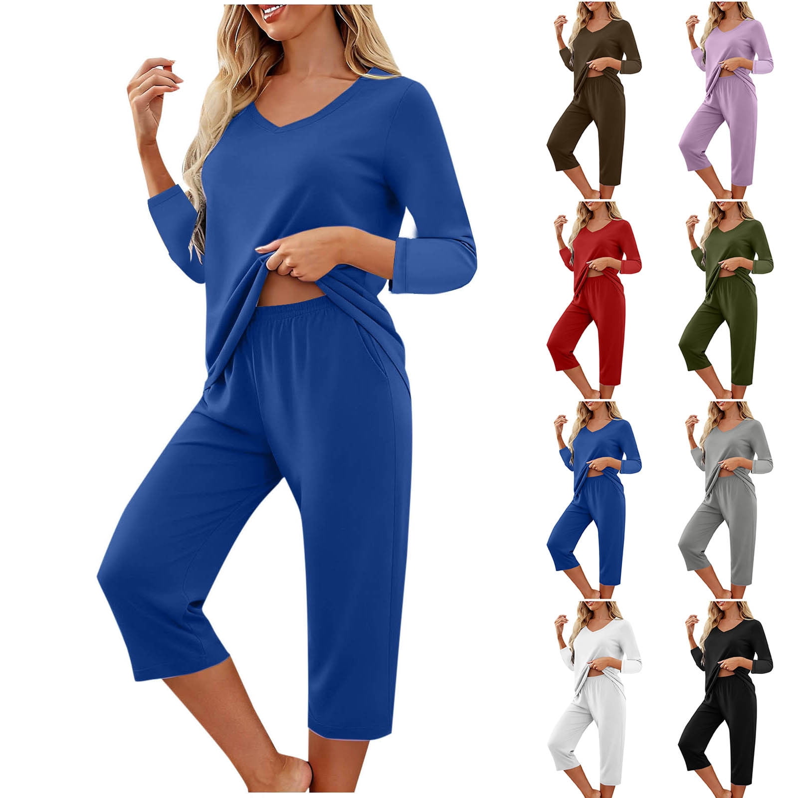 BiZtdJrK Womens Solid Color Pajama V Neck Long Sleeve Tops and Capri ...