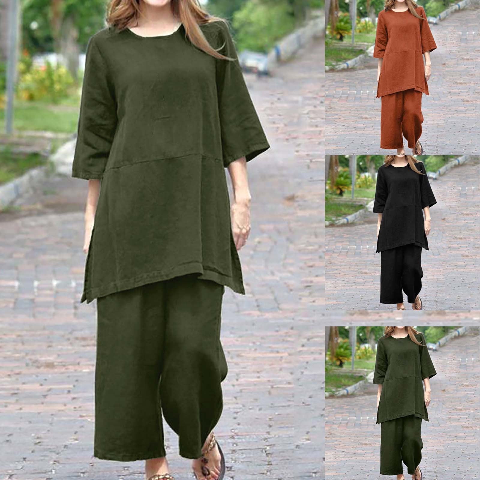 BiZtdJrK Womens Solid Oversized Cotton Linen Sets 3/4 Sleeve Side Split ...