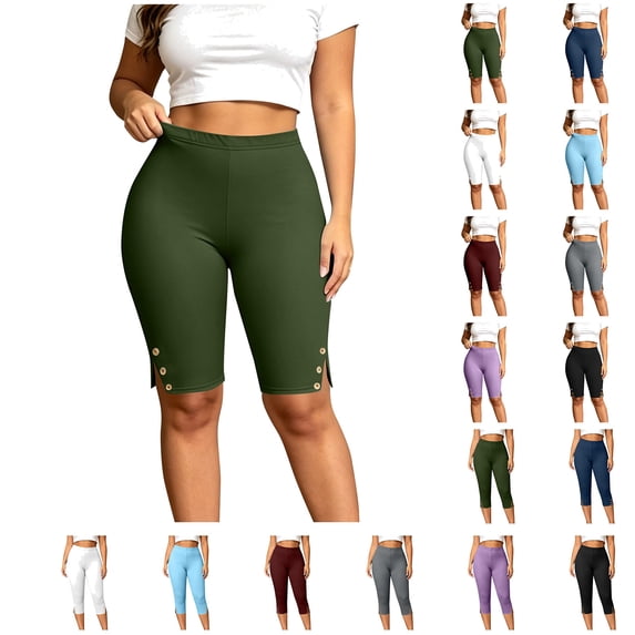 BiZtdJrK Womens Split Capri Leggings Button Design High Waisted Fashion ...