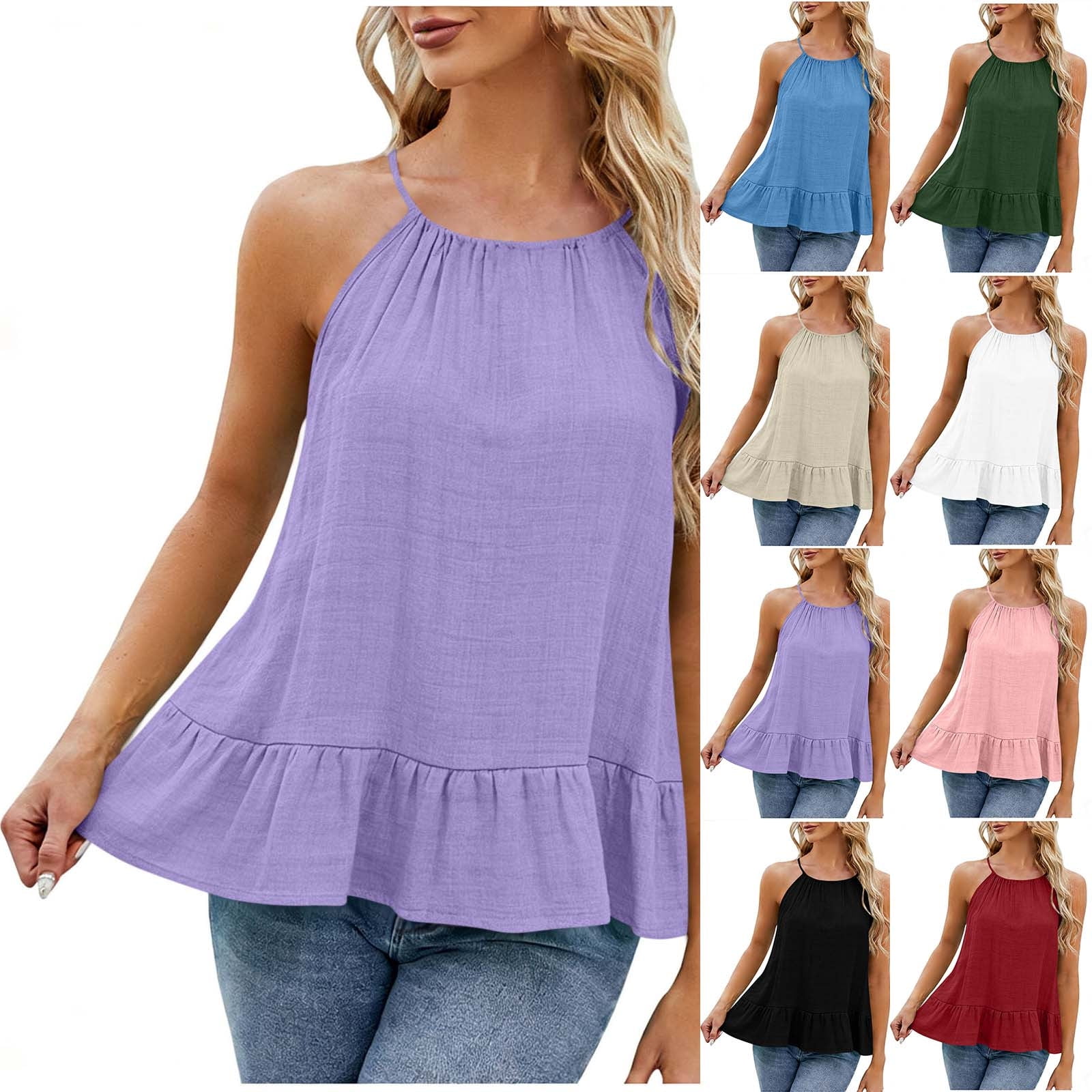 BiZtdJrK Womens Summer Linen Tank Tops Ruffled Hem Halter Neck ...