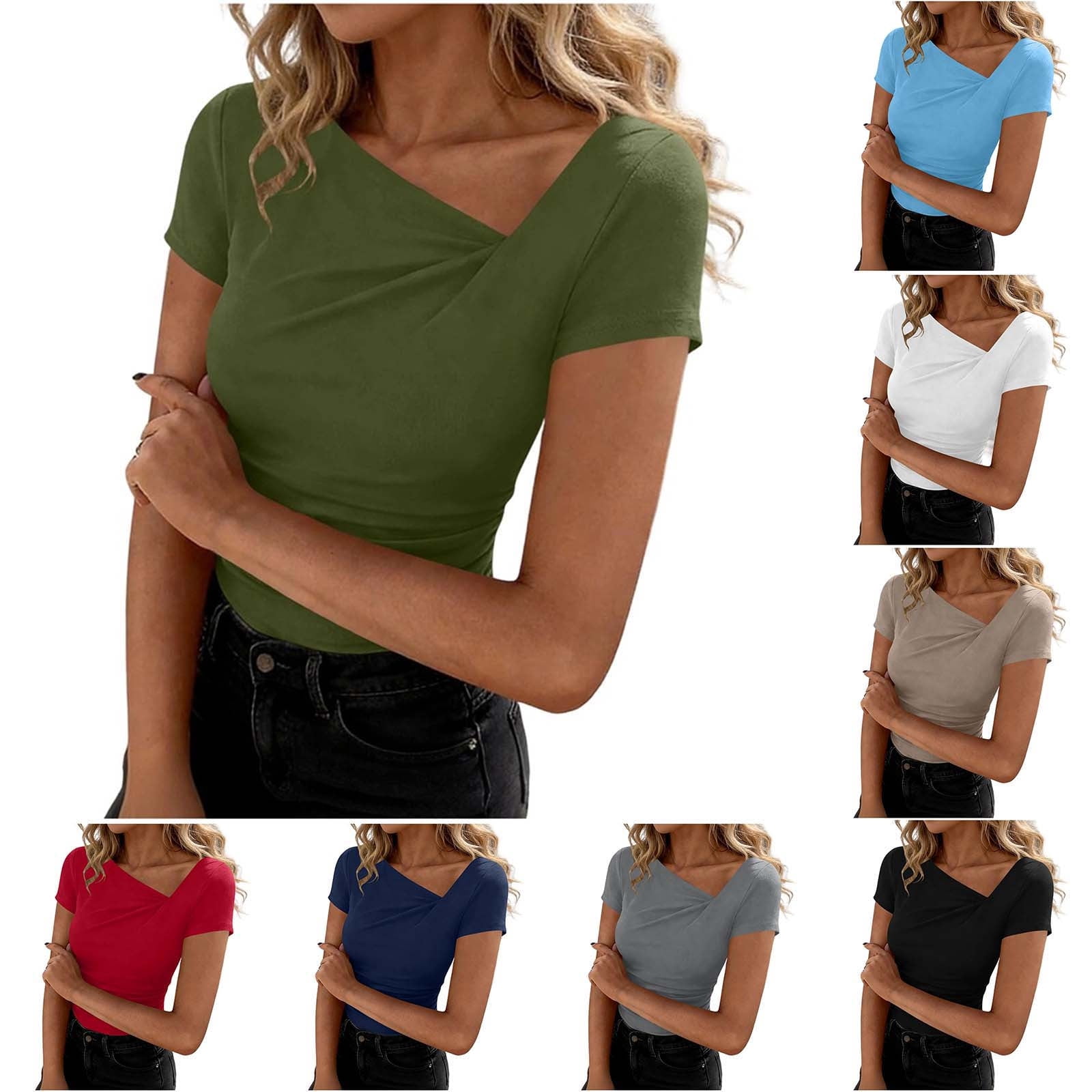 BiZtdJrK Gray Womens Summer Y2k Tops Asymmetrical Short Sleeve Slim Fit ...