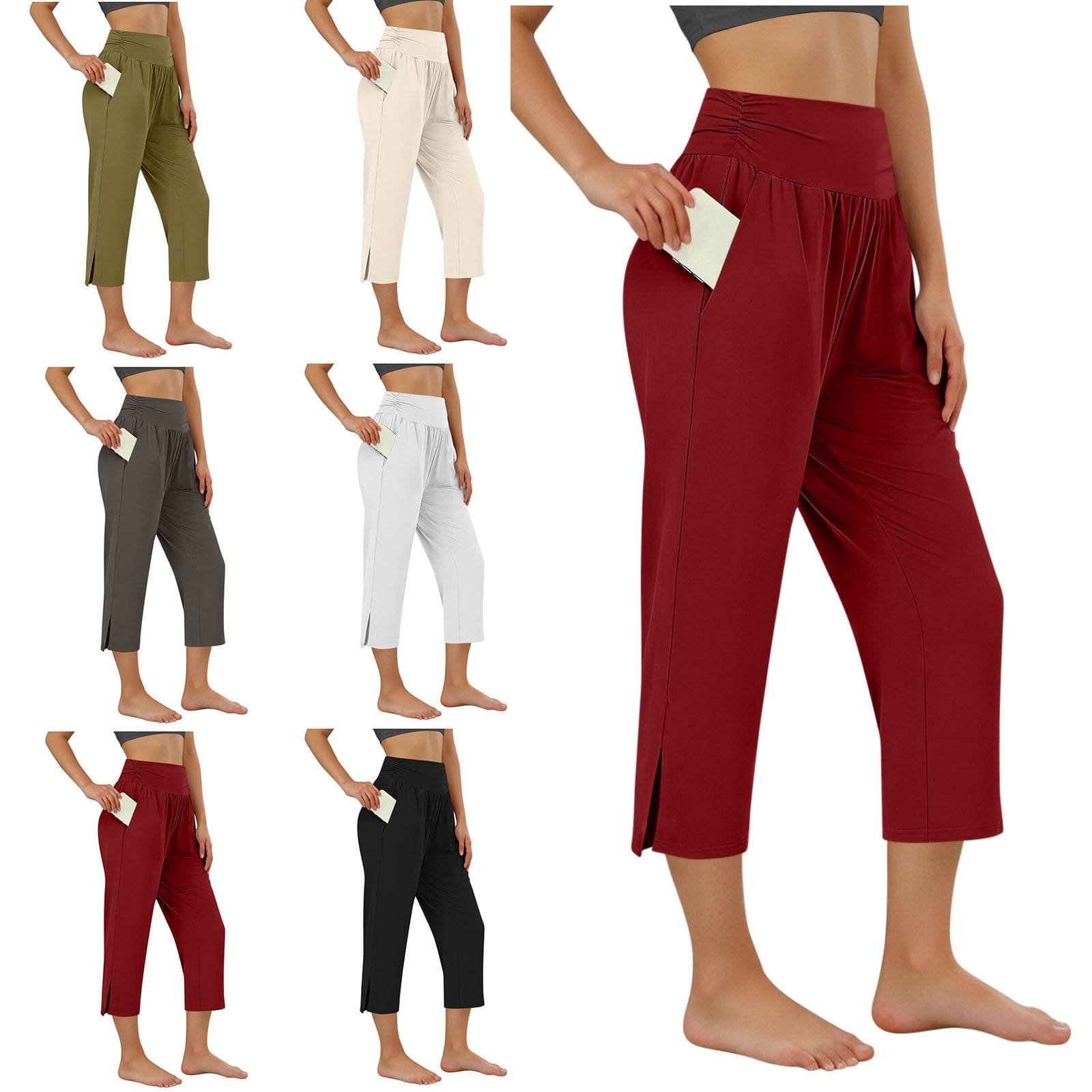 BiZtdJrK Womens Yoga Capris Side Split Smocked High Waist Gym Workout ...