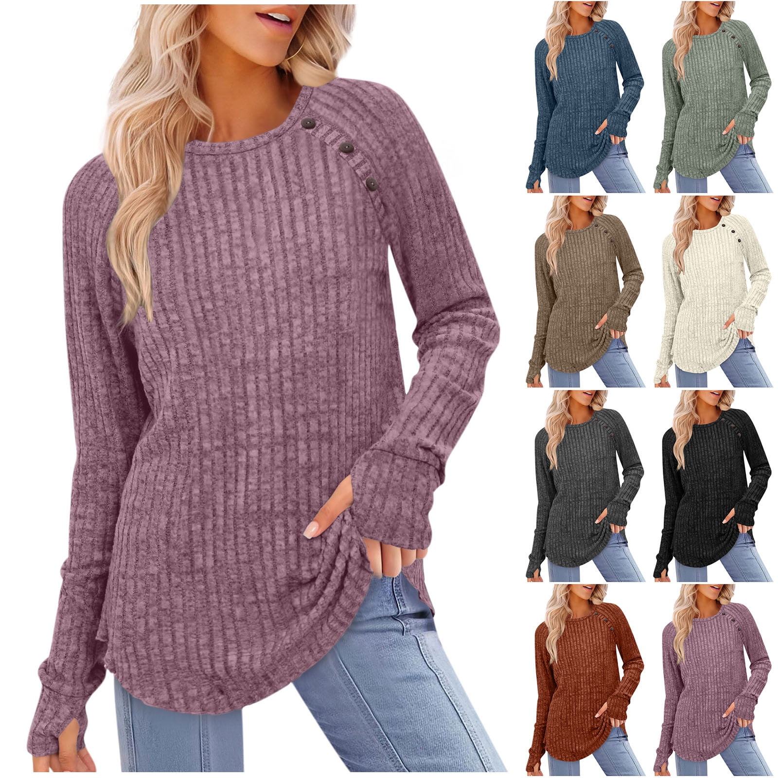 BiZtdJrK Workout Tops for Women with Thumb Hole Ribbed Knit Crew Neck ...